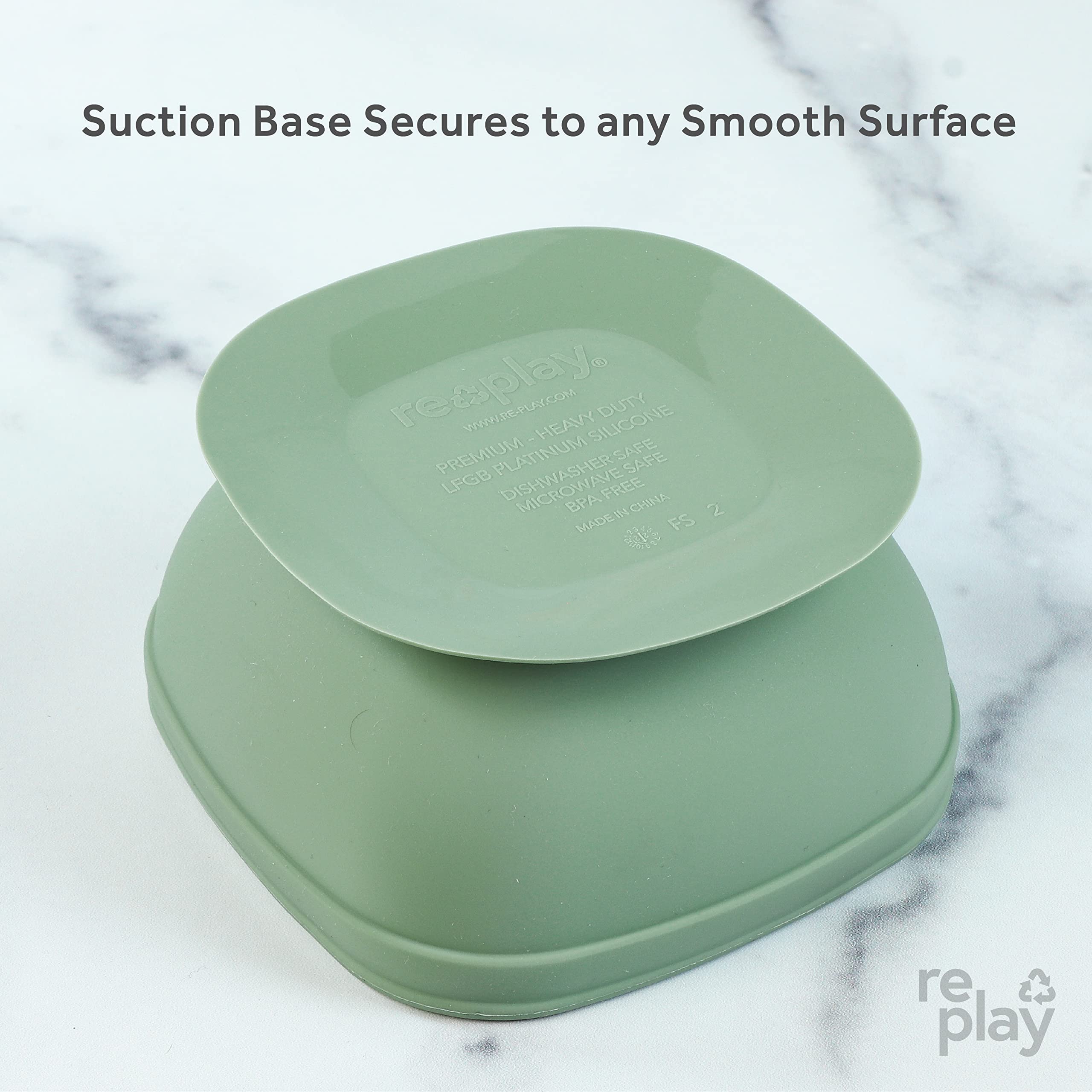 Re Play Sustainables Silicone 11 oz. Suction Bowl with Silicone Press In Lid - Made with Medical-Grade Platinum Silicone - With Lid - Sage