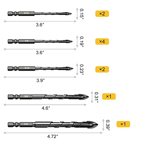 NewShark Concrete Drill Bit Set 10PCS, Masonry Drill Bits for Brick, Glass, Plastic and Wood, Tungsten Carbide Tip Work with Ceramic Tile, Wall Mirror, Paver on Concrete or Brick Wall(3/16”-1/2” )