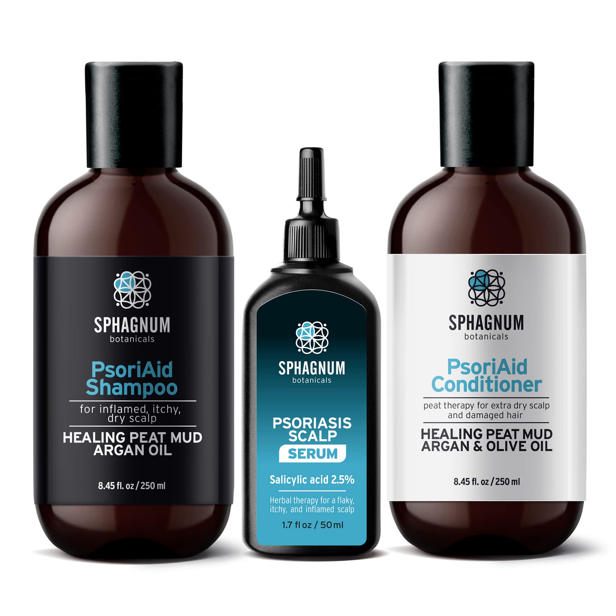 Sphagnum Botanicals Flaky Psoriasis Care Kit - Serum with salicylic acid, shampoo with peat mud, conditioner with argan and olive oil