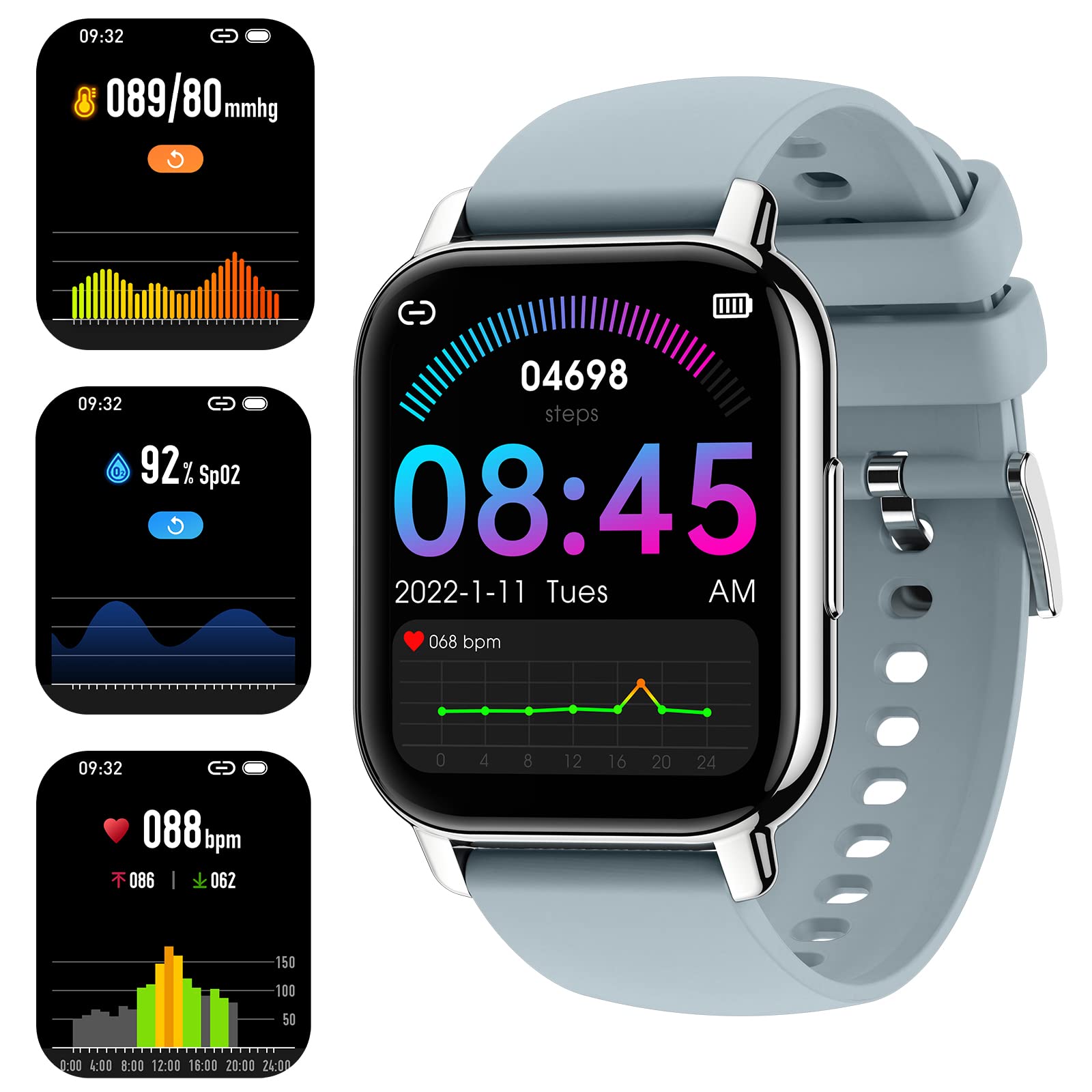 Pretty Sure Smart Watch 1.85''Touch Screen Running Watch Waterproof Step Counter Handheld GPS Units Fitness Bluetooth Watch,24 Sport Modes, Blood Oxygen for iPhone iOS Andriod -Silver Gray
