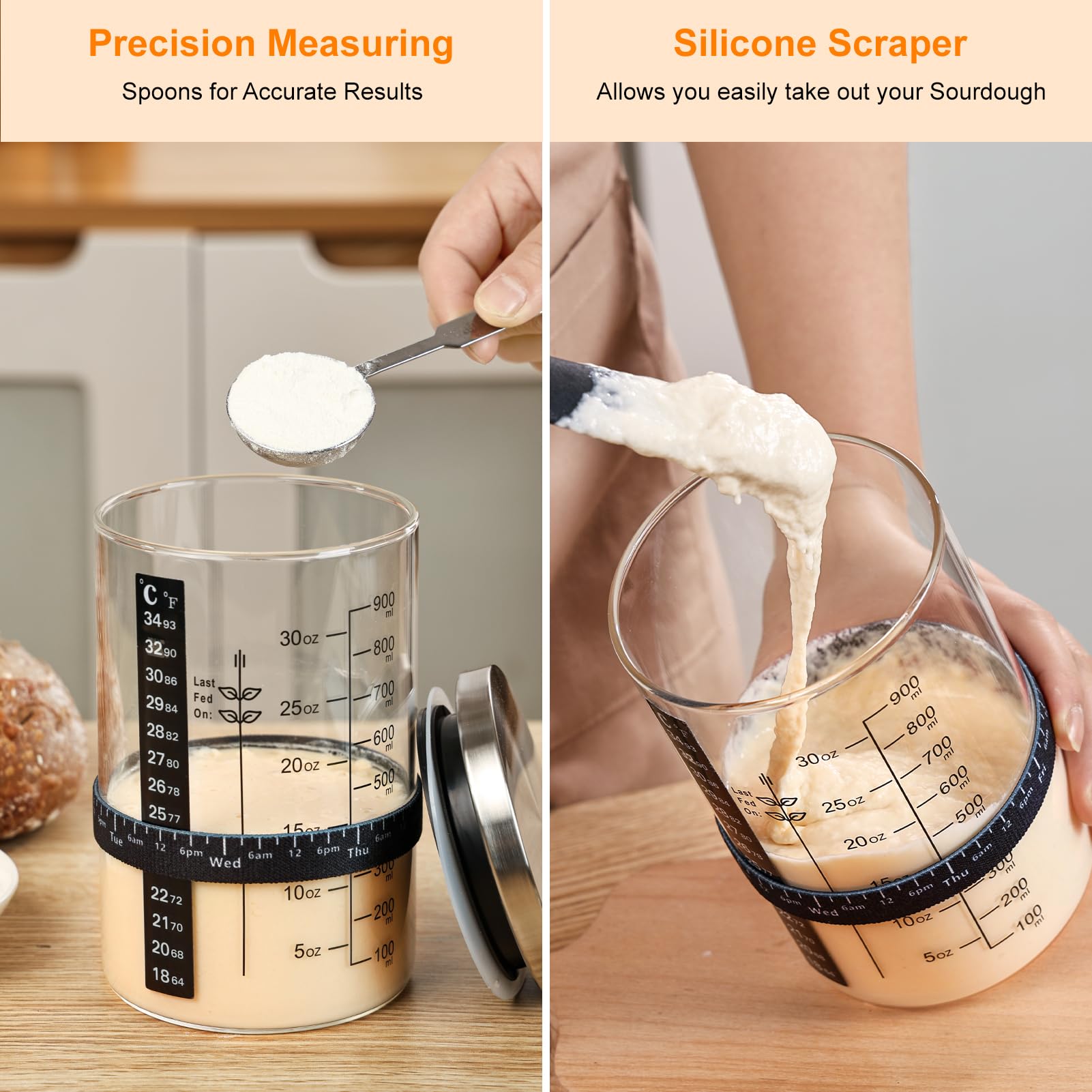 Sourdough Starter Jar 2PACK | Wide Mouth 35oz with Ounce&ML Scale line,Date Marked Feeding Band,Thermometer,Sourdough Jar Scraper,Cloth Cover & Stainless Steel Lid,Measuring Spoons,Complete Kit