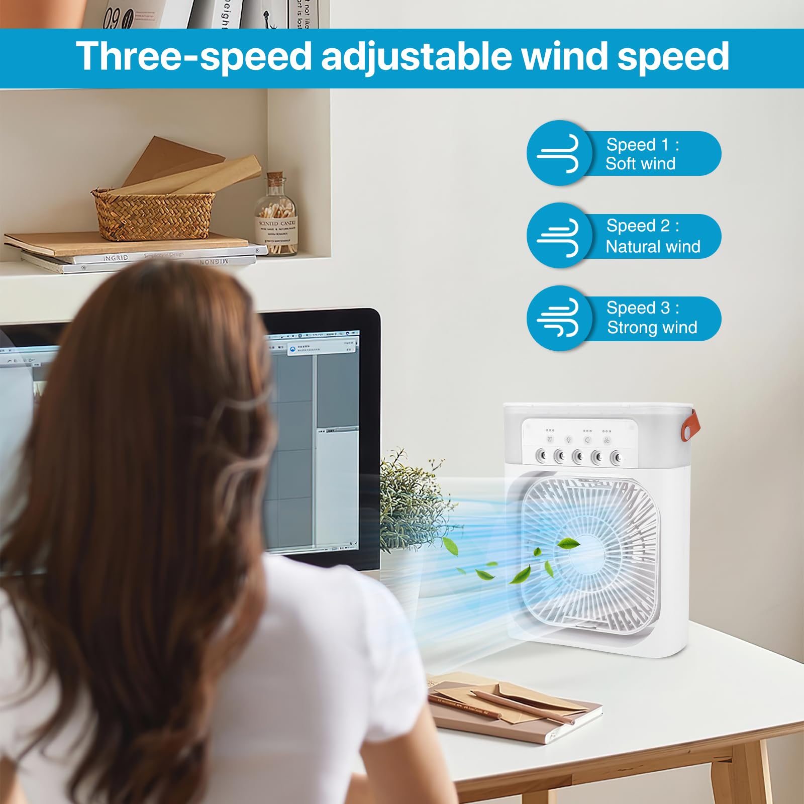 Portable Air Conditioner - Mini Evaporative Air Cooler Desk Air Conditioner Fan with 3 Wind Speeds, 3 Spray Modes, 1/2/3 H Timer and 7 Color Light, Air Cooling Fan