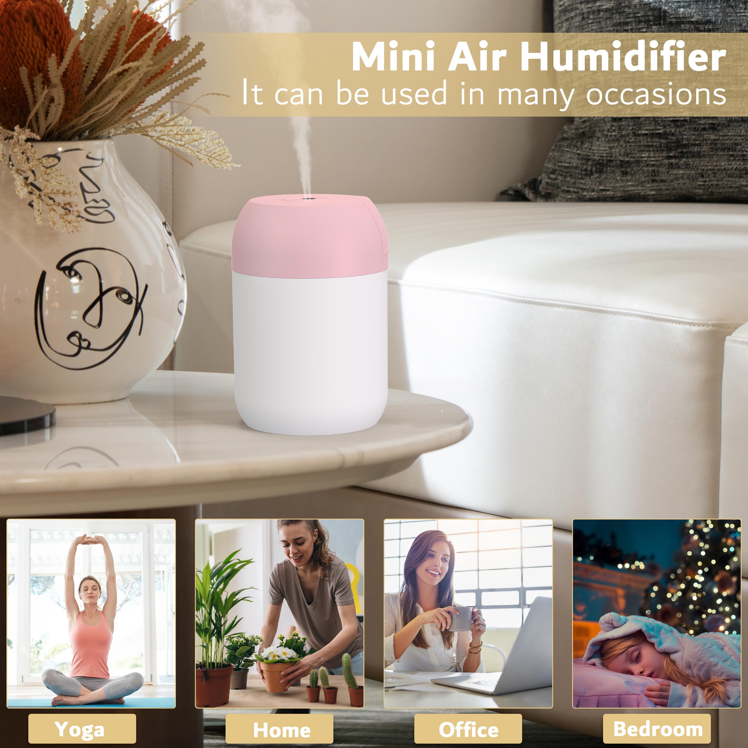 Portable Mini Humidifier, Small Cool Mist Humidifier with Night Light, USB Personal Desktop Humidifier for Baby Bedroom Travel Office Home, 2 Spray Modes, Waterless Auto Shut-Off, Super Quie (Pink)