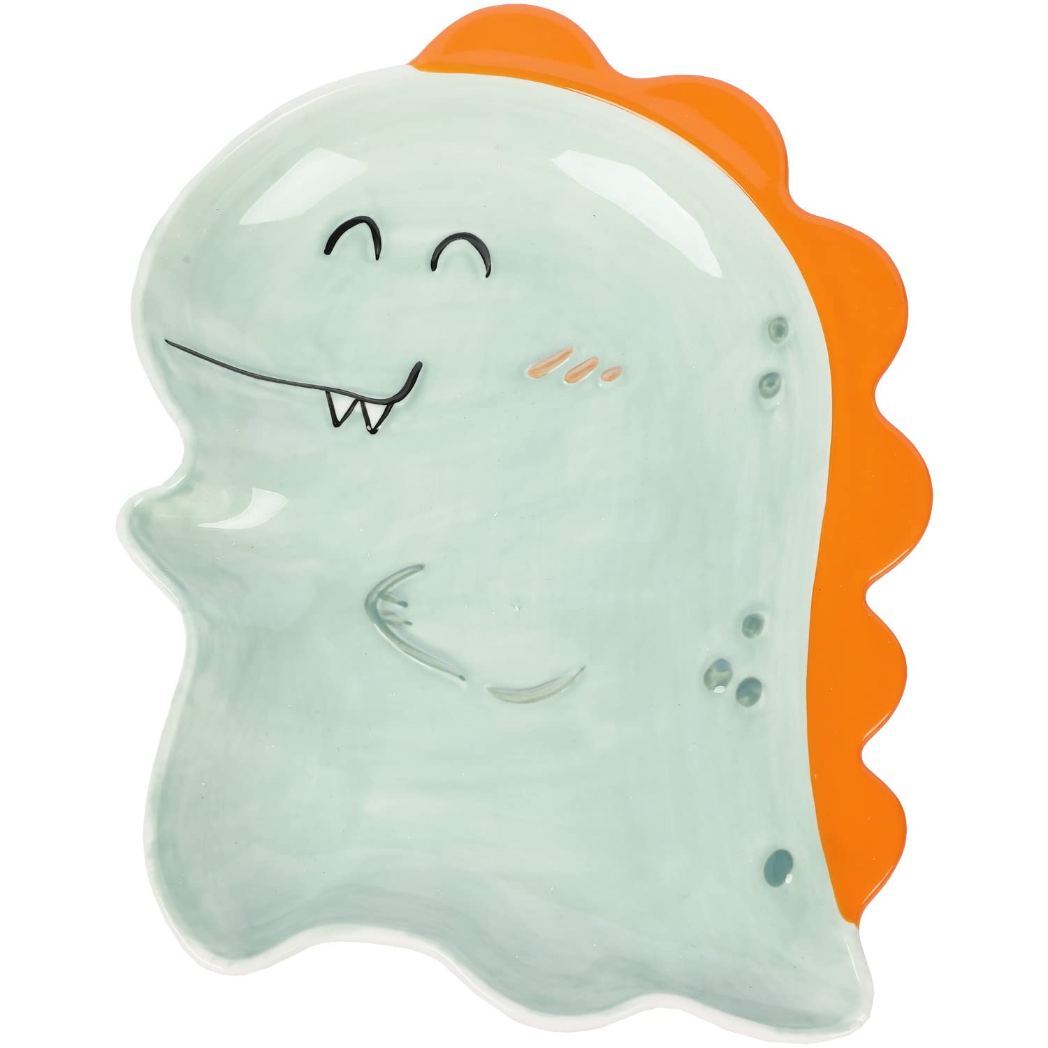 MyGift Fun Adorable Dinosaur Shaped Ceramic Plate, Cute Turquoise Cartoon Stegosaurus with Orange Spine, Small Serving Happy Dino Platter Snack Tray