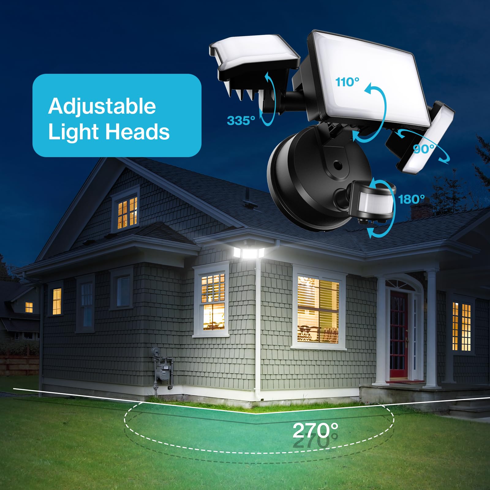 Olafus 65W Flood Light Outdoor Motion Sensor Light, LED Security Light IP65 Waterproof, 6000LM Motion Activated Light 3 Head Floodlight, 6500K Exterior Sensor Light for Garage Yard Porch Patio, Black