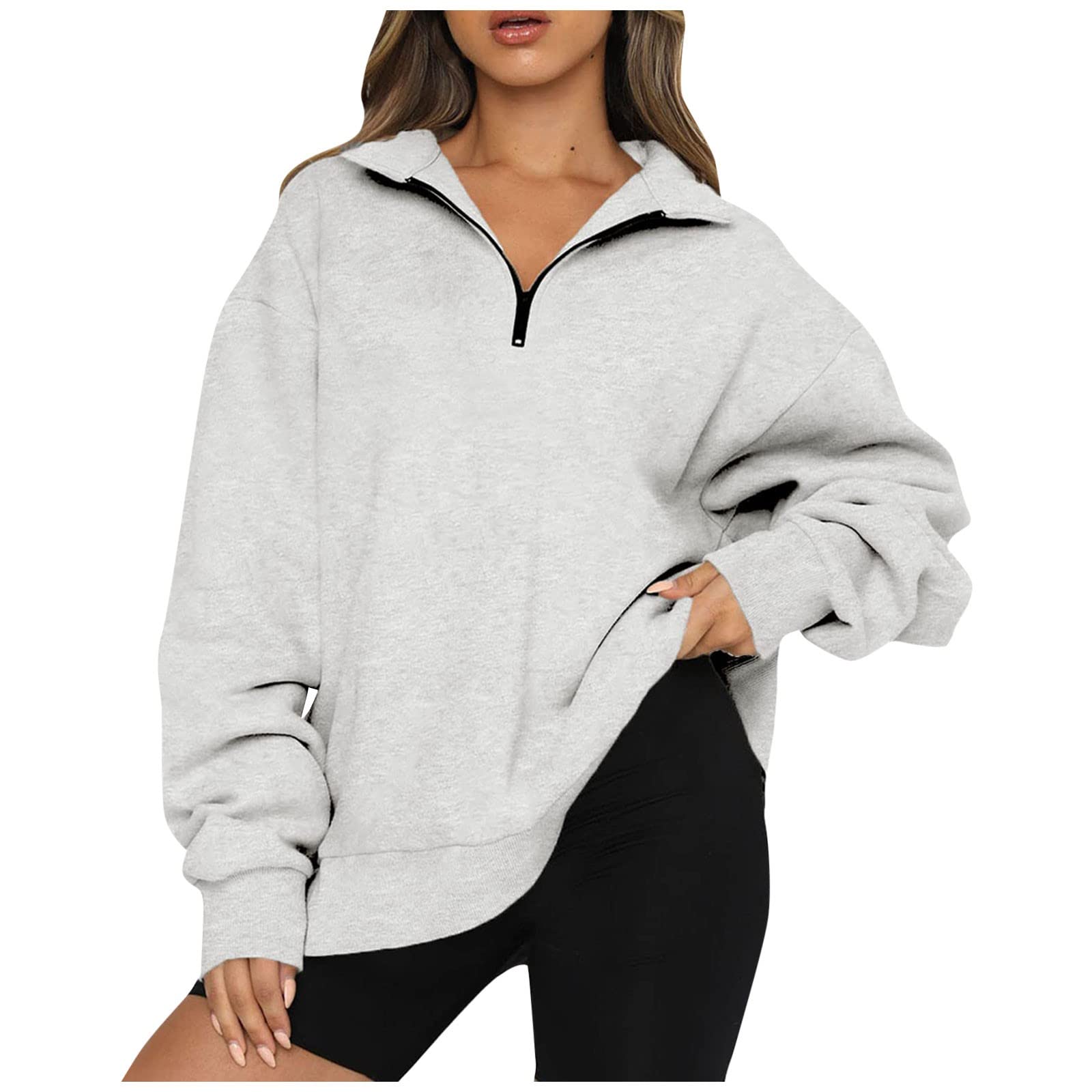 NOKMOPO Hooded Sweatshirt Women Casual Fashion Solid Color Long Sleeve Half Zip Hooded Sweatshirt Pullover Sweatshirt Loose Comfortable Warm Sweater Tops(A-Gray,Large)