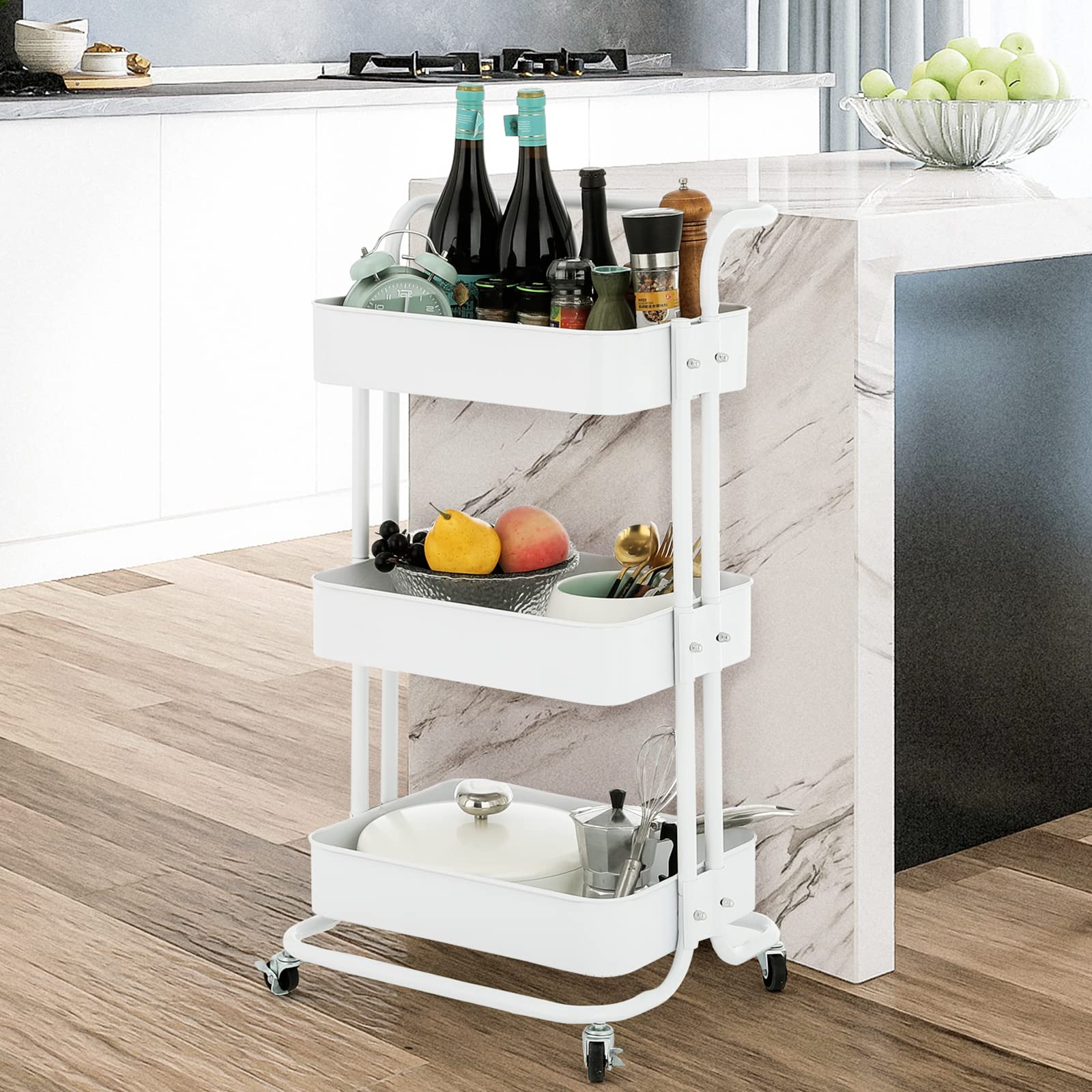 KVLUAY 3 Tier Utility Rolling Cart with Handle,Metal Rolling Organization Cart,Multifunctional Storage Cart with Lockable Wheels,Suitable for Office Living Room Bathroom Kitchen (White)
