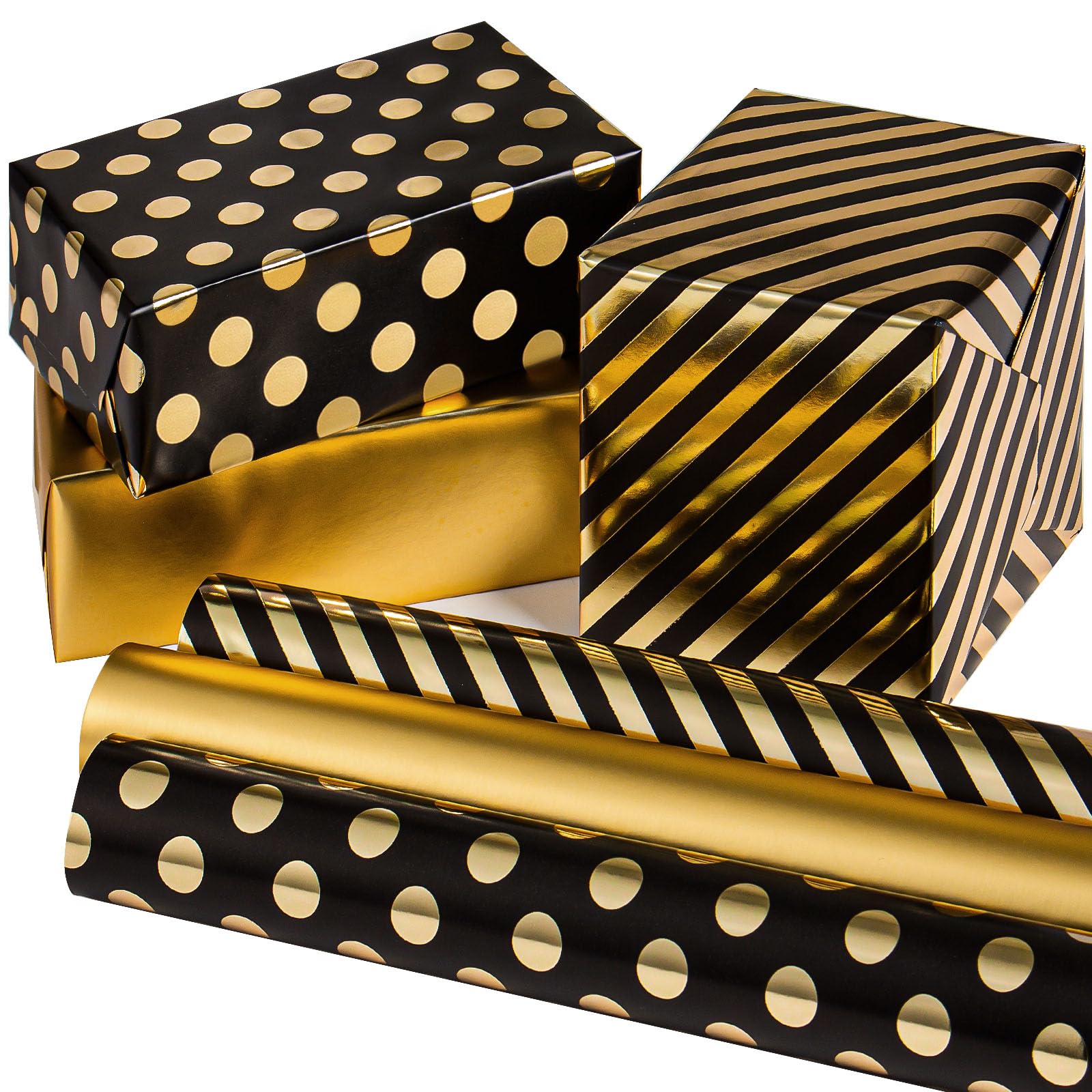 Retrify Wrapping Paper Roll - 3 Mini Rolls Black Gold Foil Polka Dots Stripes Gift Wrap Paper for Birthday, Christmas, Father's Day, All Occasions - 17 Inch x 120 Inch Per Roll