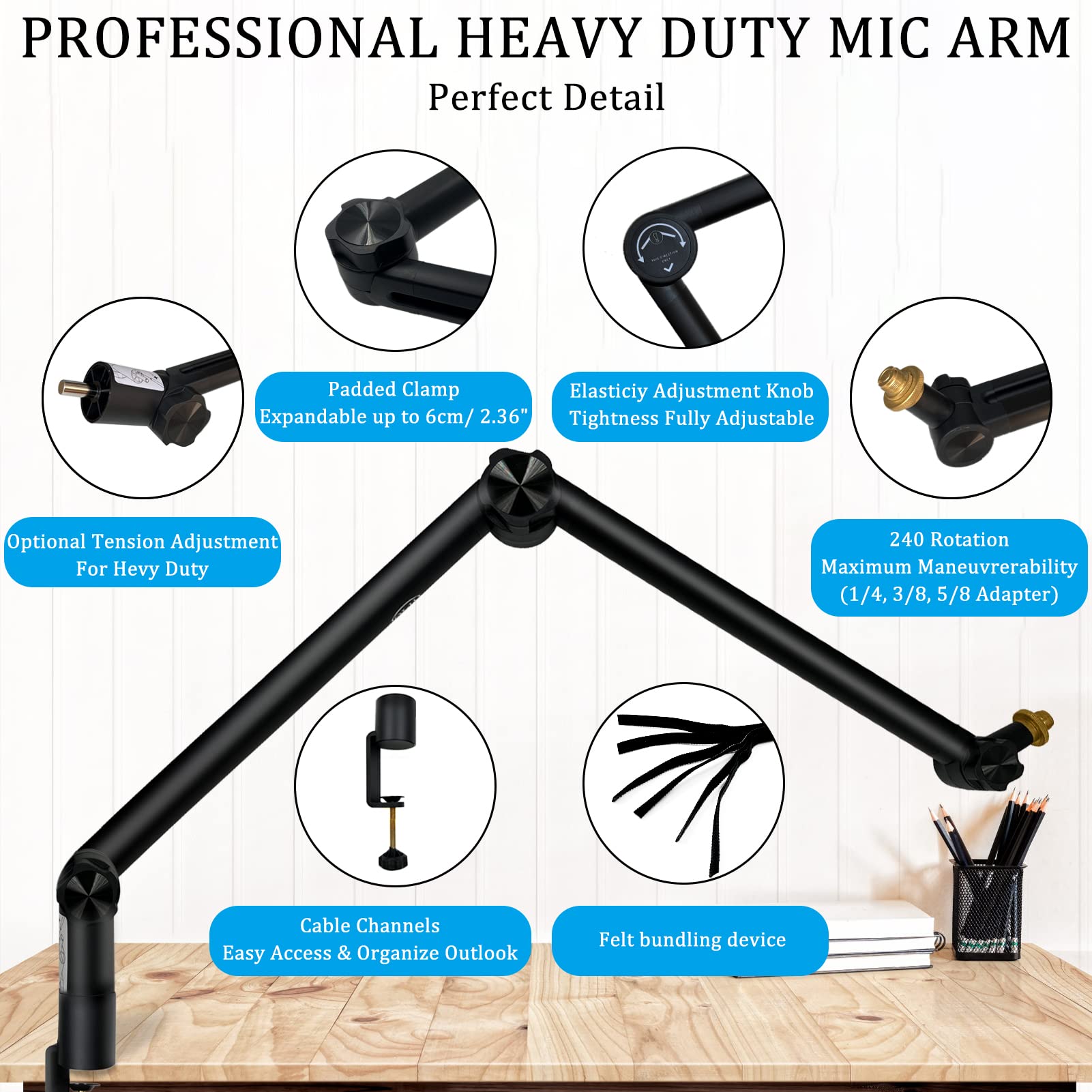 Microphone Arm stand, Upgraded Mic Arm Microphones Stands for live streaming Premium direct Broadcast Boom Arm with 360ยฐ Rotatable Clamp for Radio Studio, Podcast, Gaming