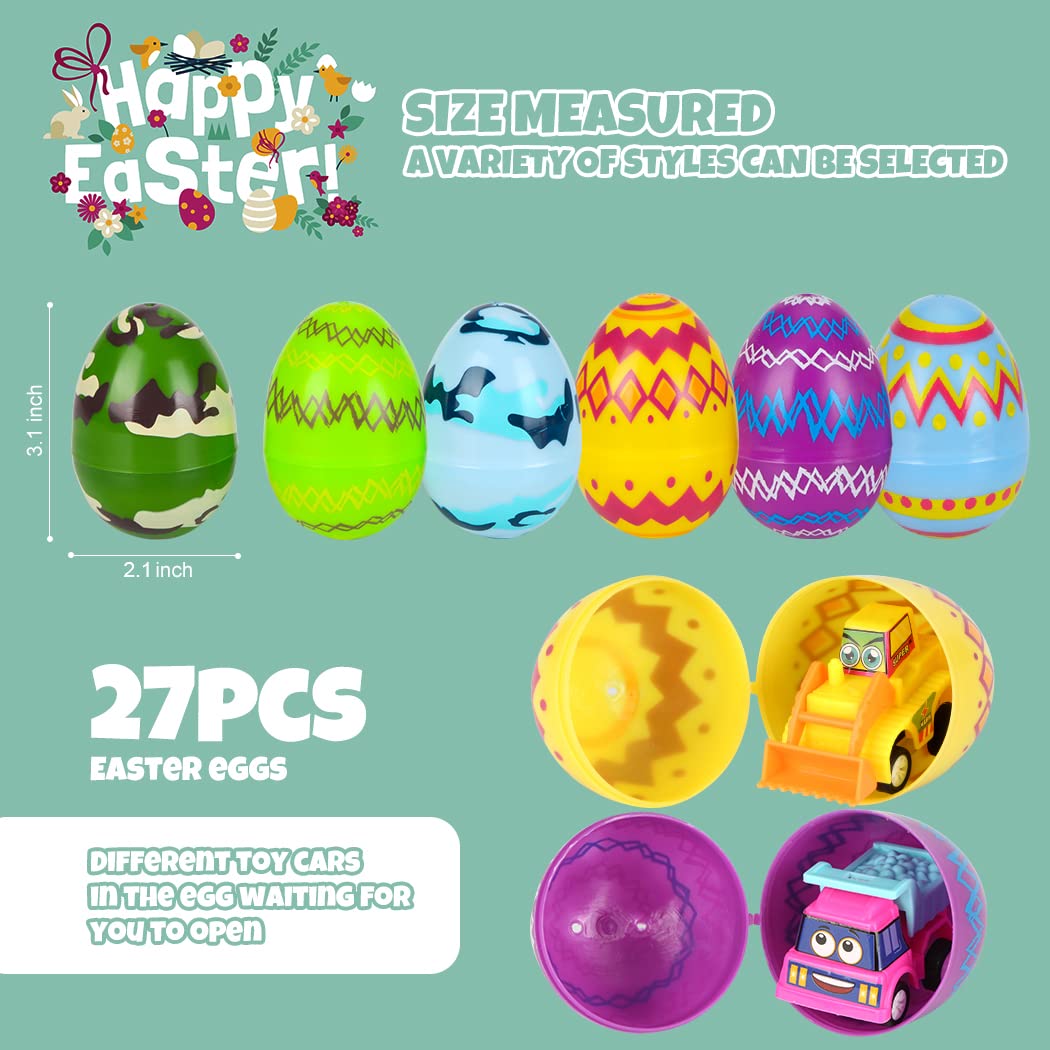 Oroalbb 27Pcs Easter Eggs with Toys Inside, Easter Eggs Filled with Pull Back Cars for Boys for Basket Stuffers/Filler, Easter Eggs with Construction Vehicles Toy