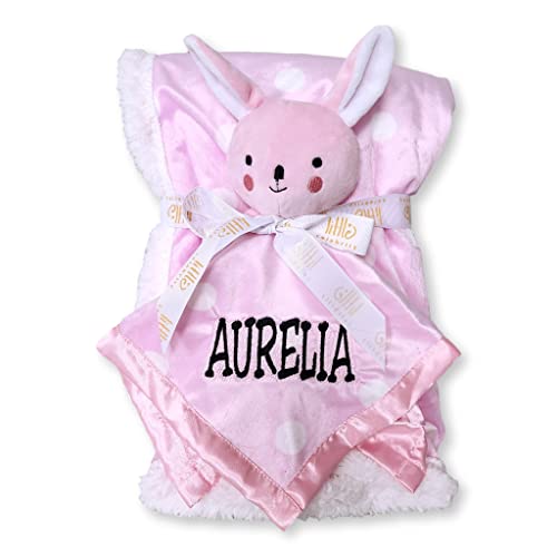 SONA G DESIGNS Personalized Baby Security Blanket Lovey and Swaddle Blanket Set with Custom Embroidered Name for Babies Boy and Girl (Bunny with Embroidered Name)