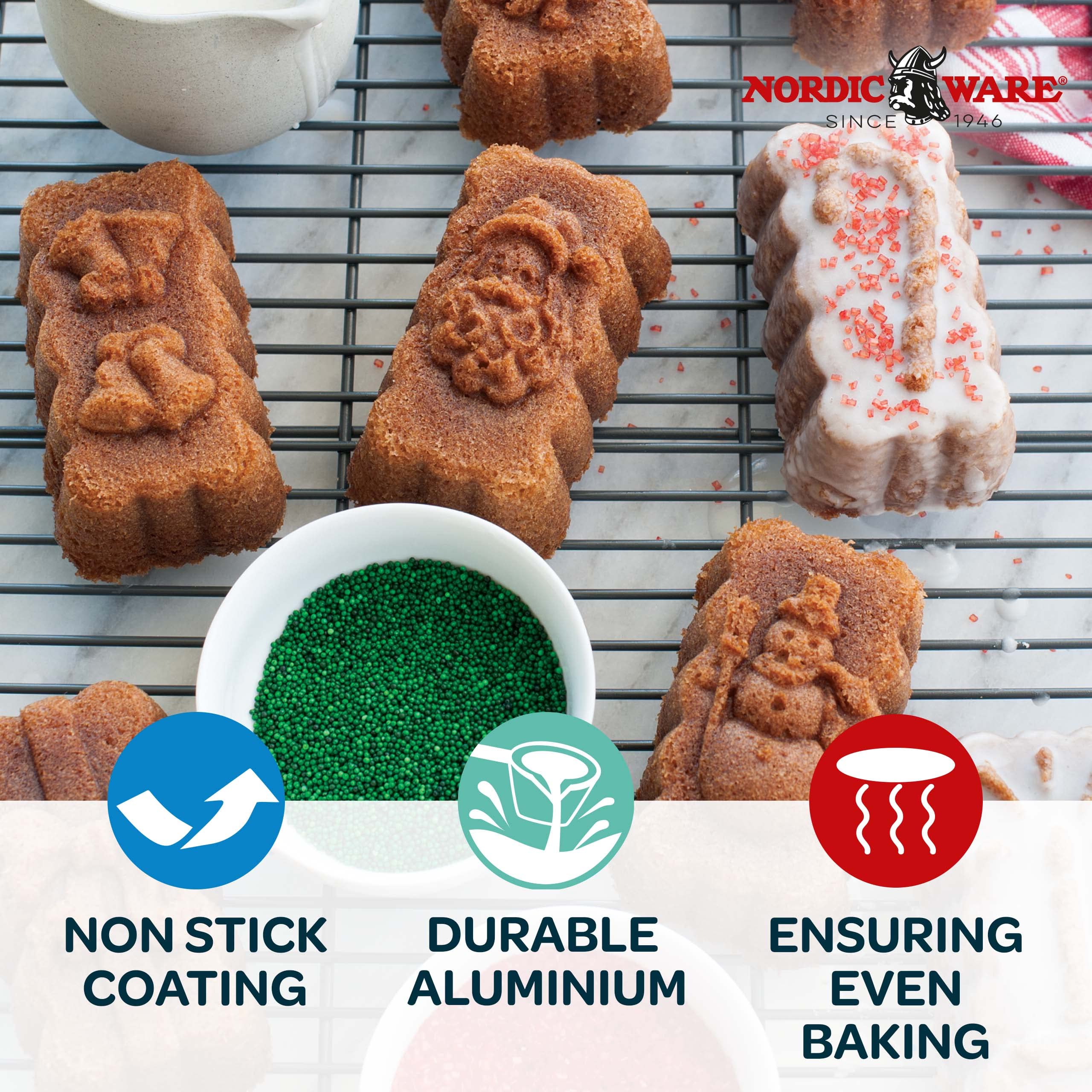 Nordic Ware Holiday Mini Loaves Pan & 93748 Holiday Teacakes Cast Cakelet Pan, 3 Cup Capacity, Silver