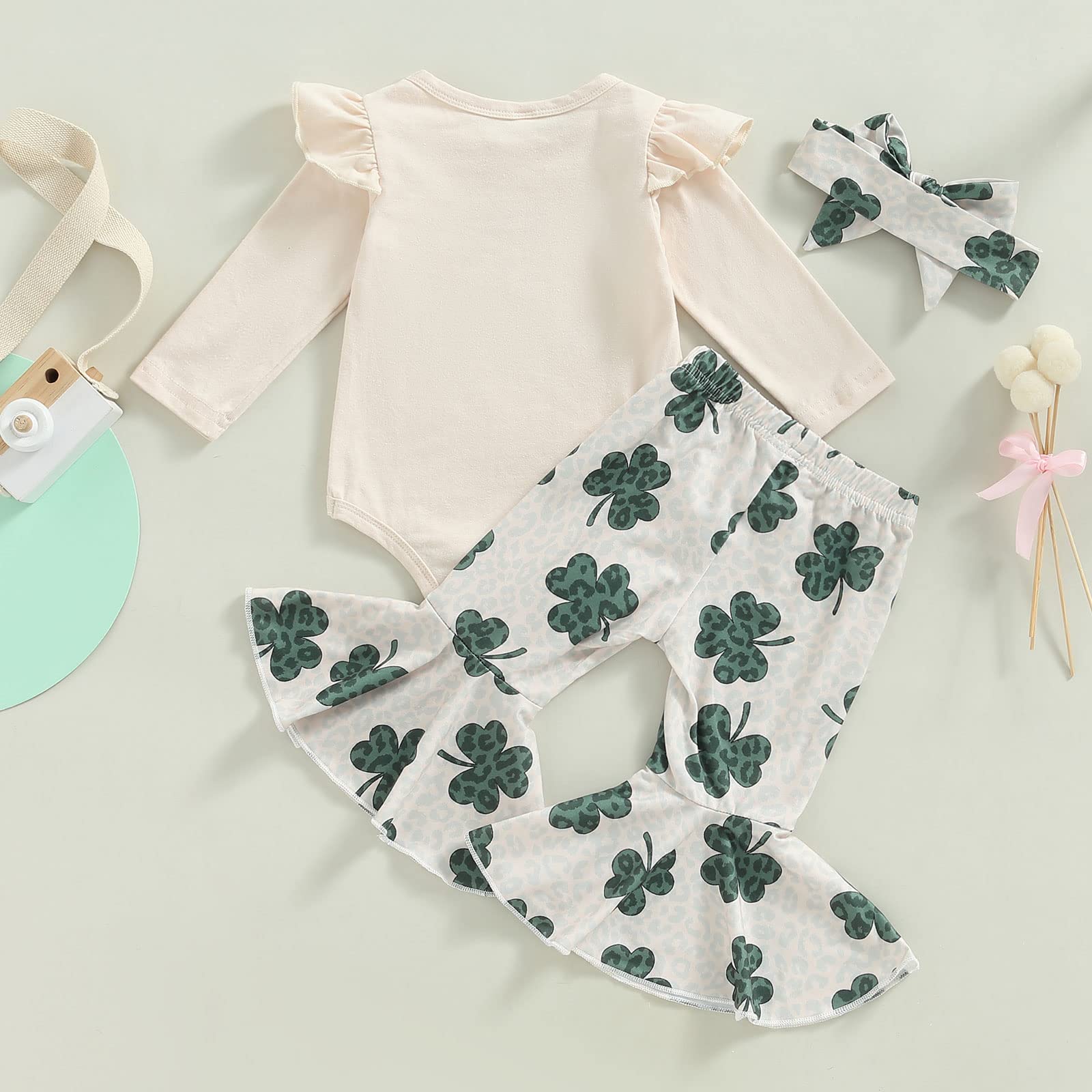 St. Patricks Day Baby Girl Outfit Ruffle Long Sleeve Romper Shamrock Flared Pants Headband 3Pcs Clothes Set (Apricot, 0-6 Months)