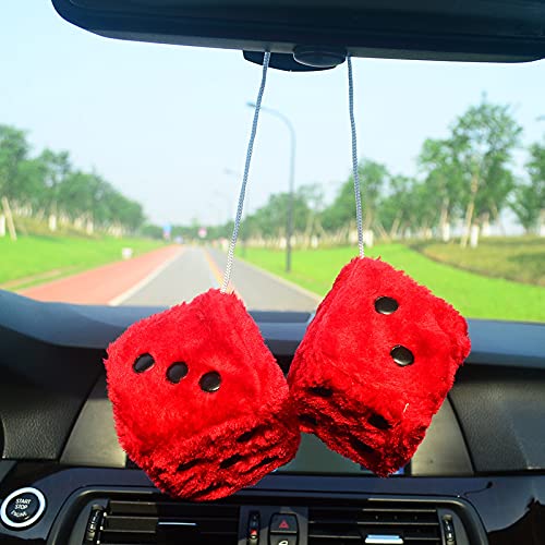 Pair 3β Purple with White Dots Mirror Fuzzy Plush Dice, Purple and White Soft Plush Car Decorative Hanging Ornament.