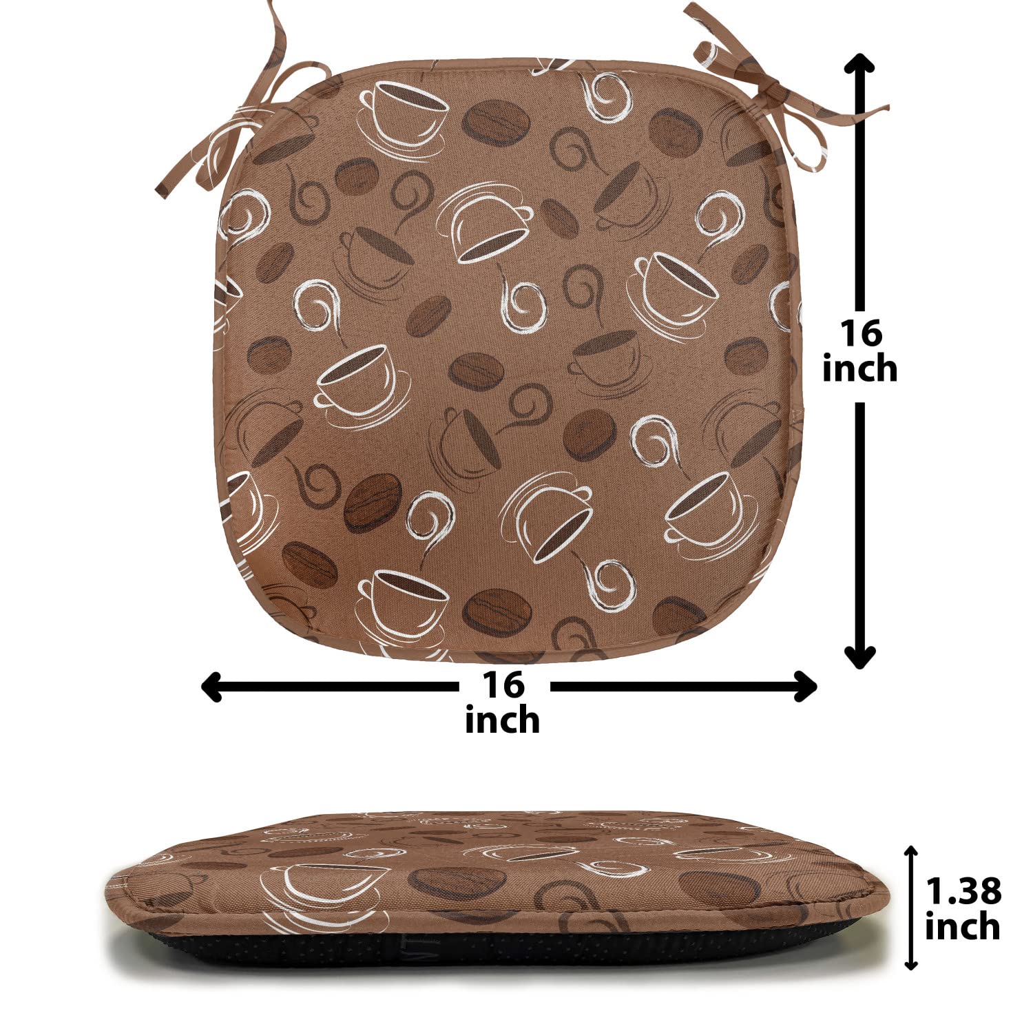 Lunarable Coffee Chair Seating Cushion Set of 2, Cup of Espresso Silhouettes with Beans Caffeine Source Gourmet Drinks Illustration, Anti-Slip Seat Padding for Kitchen & Patio, 16"x16", Brown White