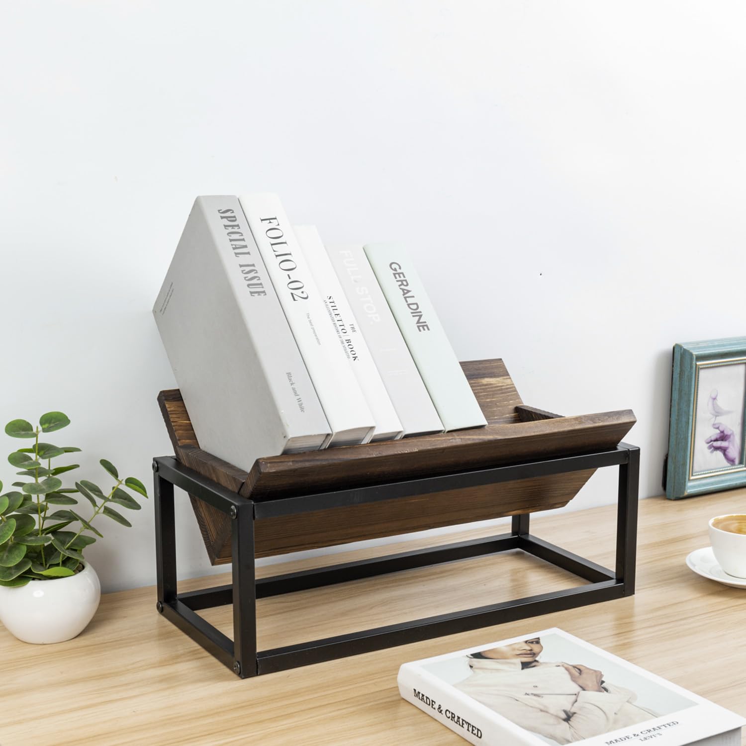MyGift Rustic Burnt Solid Wood Tabletop Book Holder Rack with Industrial Black Metal Frame, Desktop Tilted Bookcase Reading Book Storage Organizer