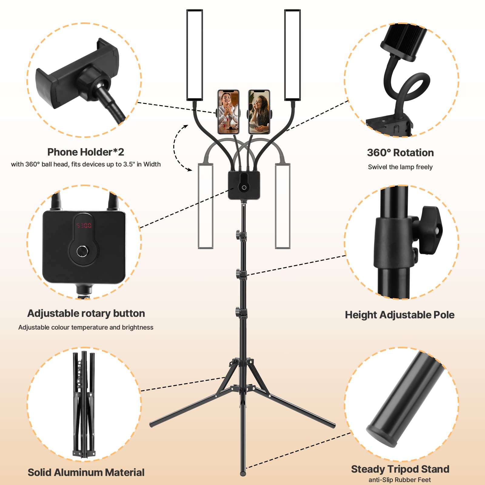 LED Video Light, ULANZI 45W Double Arms Beauty Light with Adjustable Tripod Stand, Dimmable 3200-5600K LED Video Light Photography Kit with 2 Phone Holders, for Makeup,Manicure,Tattoo,Live Streaming