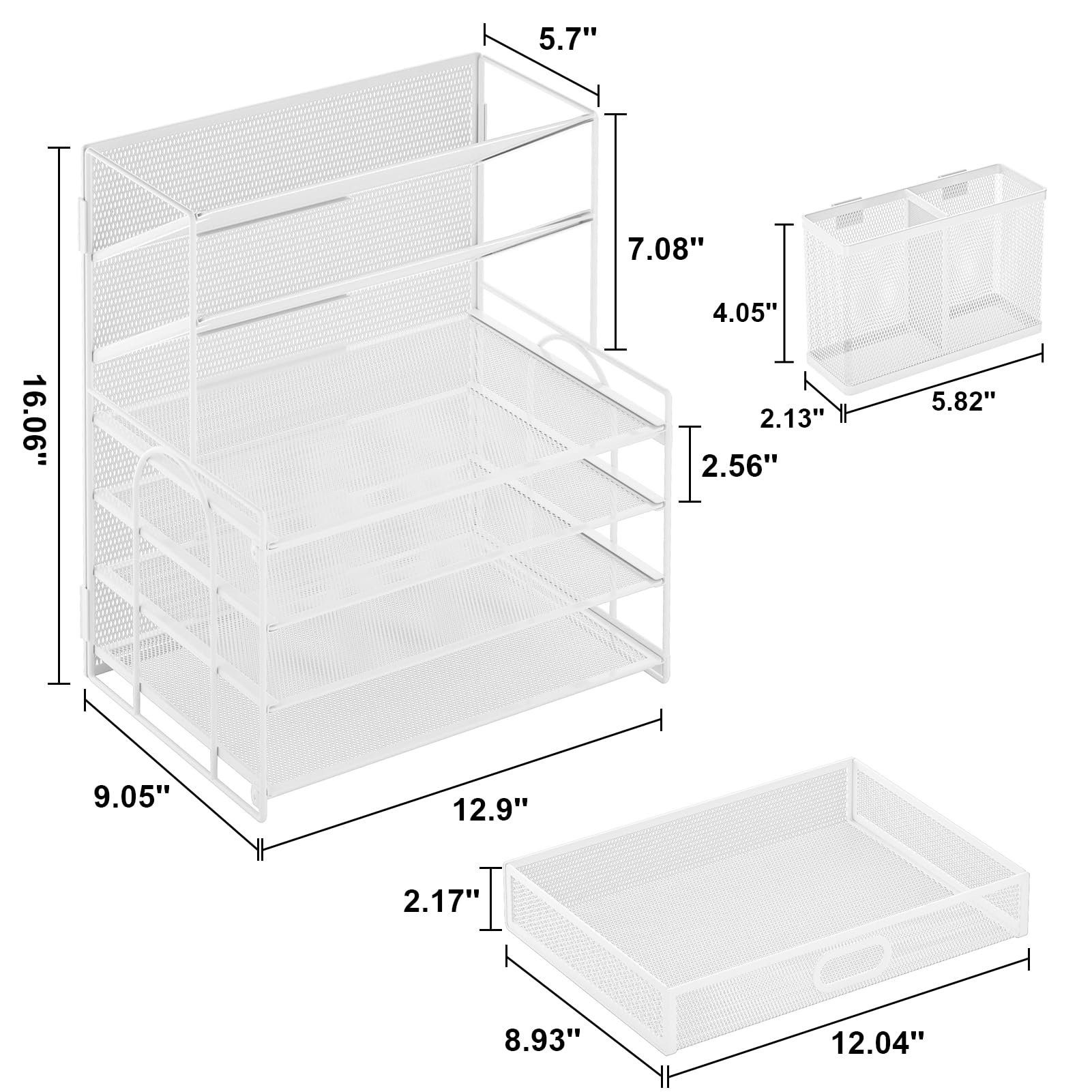 Marbrasse Desk Organizer with Drawer, 4-Tier File Organizer Paper Tray with 2 Pockets File Holder and Pen Holder, Mesh Desk Organizers and Accessories, Desktop Organizer for Home Office (White)