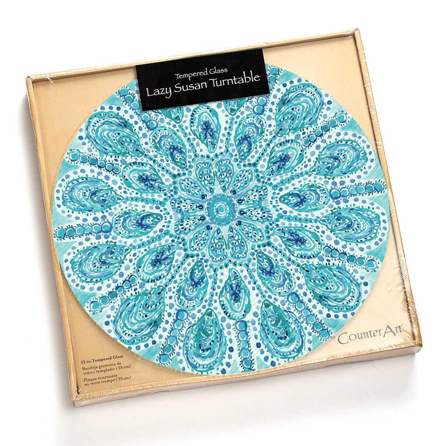 Ocean Fantasy 4mm Heat Tolerant Tempered Glass Lazy Susan Turntable 13" Round Cake Plate, Pizza Stand, Condiment Caddy