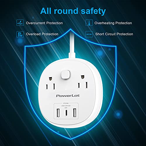 PowerLot Power Strip with 2 Outlets, 3 USB (2A+1C), 5TF Extension Cord Power Strip with PD 45W USB C for Laptop, Flat Plug Power Strip for Cruise Ship Travel Home and Office