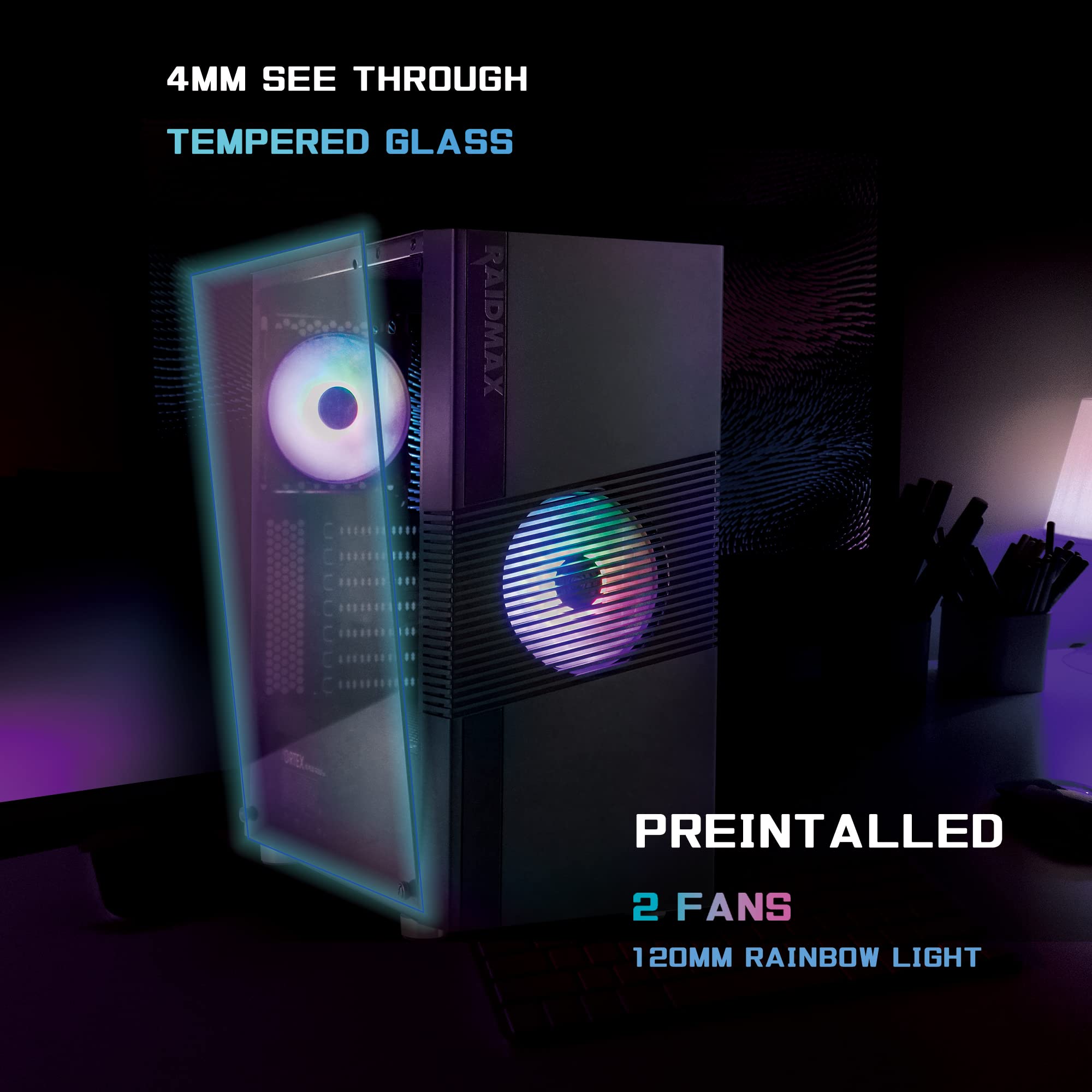 Raidmax Meshian X Seies Mesh Front Intake High Airflow Design, Pre-installed 4X 140mm ARGB and 1x 120mm ARGB Fans, Tempered Glass, Support 4090 GPU and 360mm Water Cooler (H704, Black)