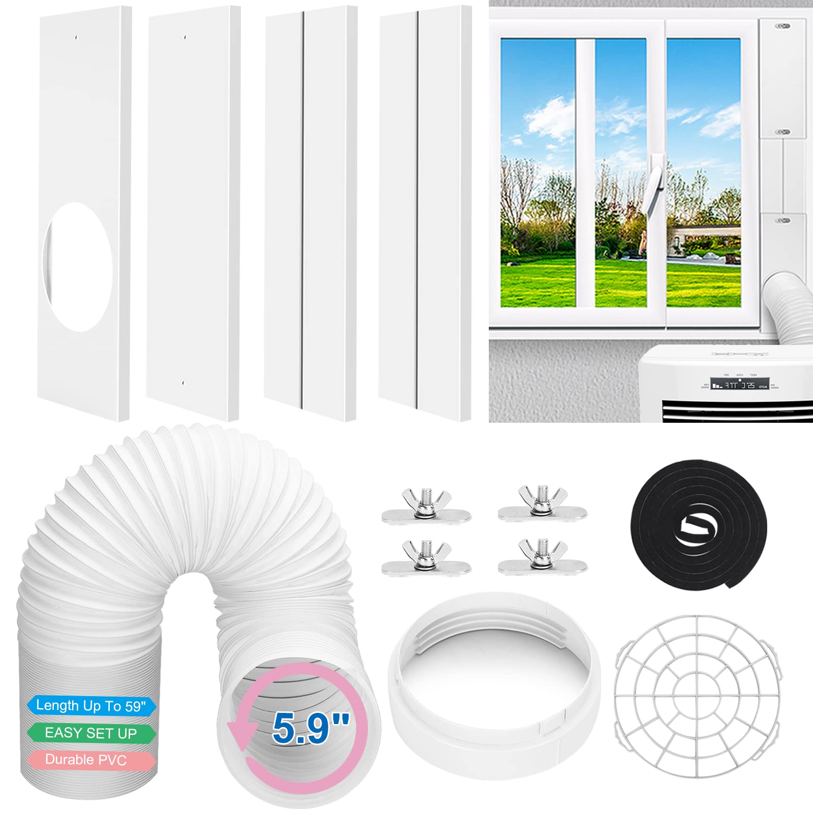 Portable Air Conditioner Window Kit with Hose Adjustable Window Seal kit Plate for AC Unit, Portable AC Window Vent Kit PVC Seal for Sliding Window Door, AC Window Kit with 5.9" Anti-Clockwise Hose