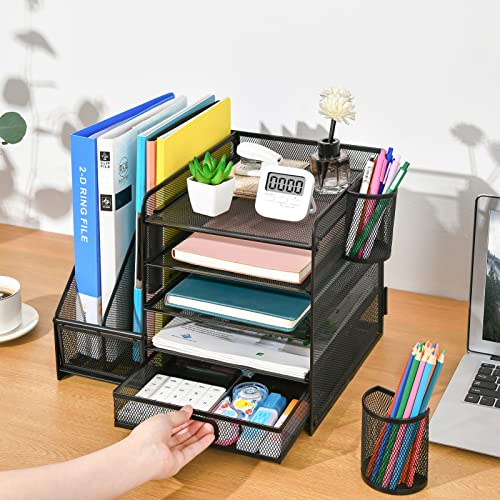 Marbrasse Mesh Desk Organizer with File Holder + Wooden Paper Letter Tray Organizer with Drawer and Pen Holder