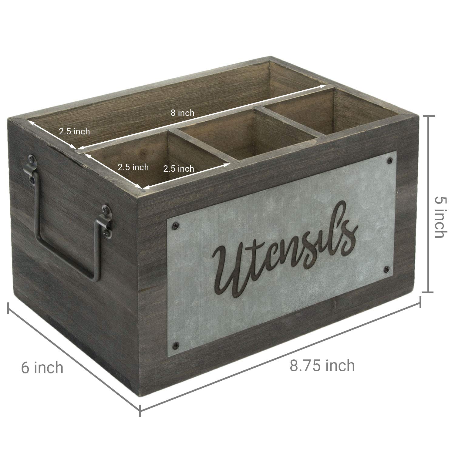 MyGift 4 Compartments Vintage Gray Wood Flatware Organizer and Napkin Holder Caddy with Rustic Metal Handles and UTENSILS Design Galvanized Panel for Kitchen Counter, Dining Room Table, Buffet Server