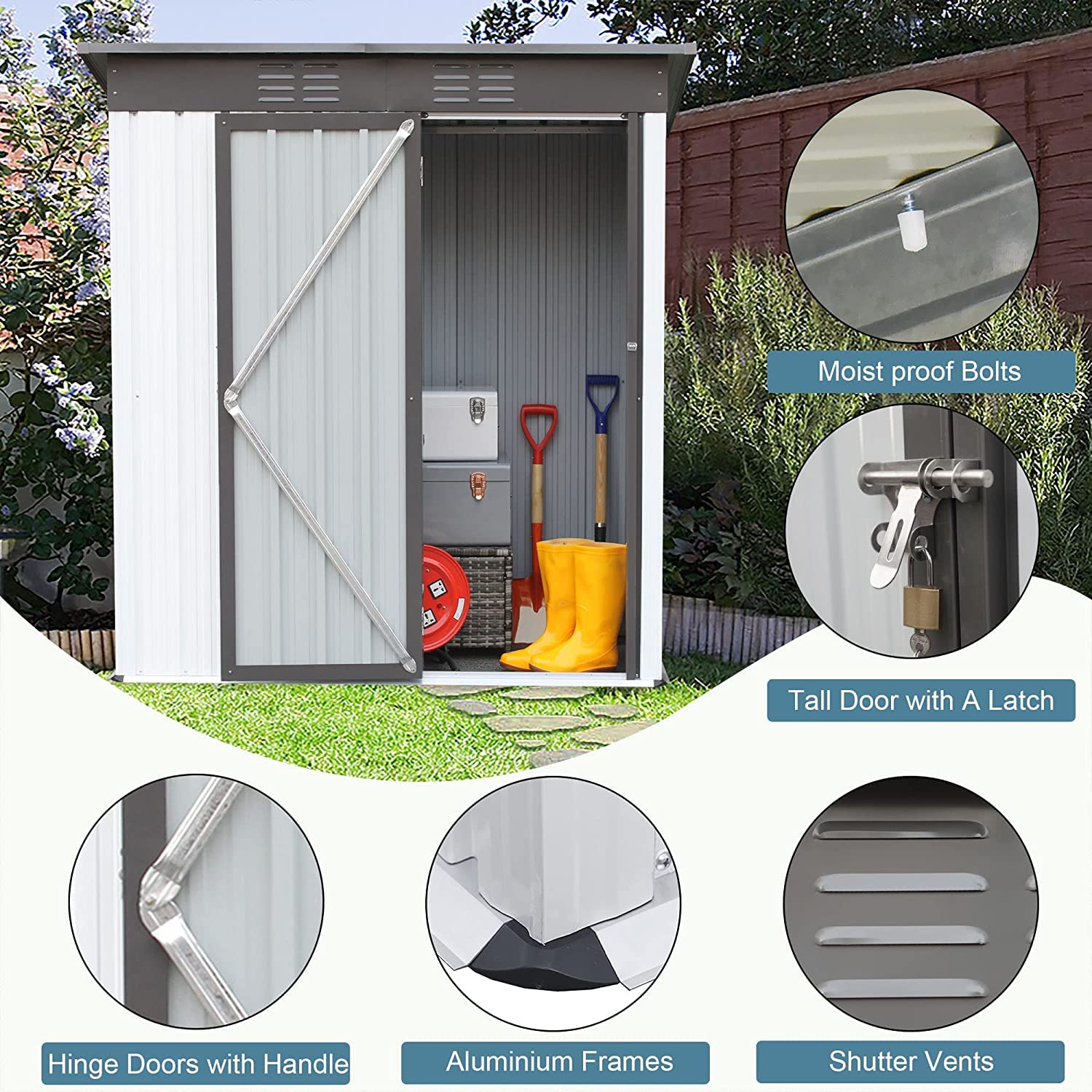 Rophefx 5' x 3' Outdoor Metal Storage Shed, Outside Waterproof Tool Shed, Steel Garden Shed with Single Lockable Door for Backyard, Patio, Lawn, White & Grey