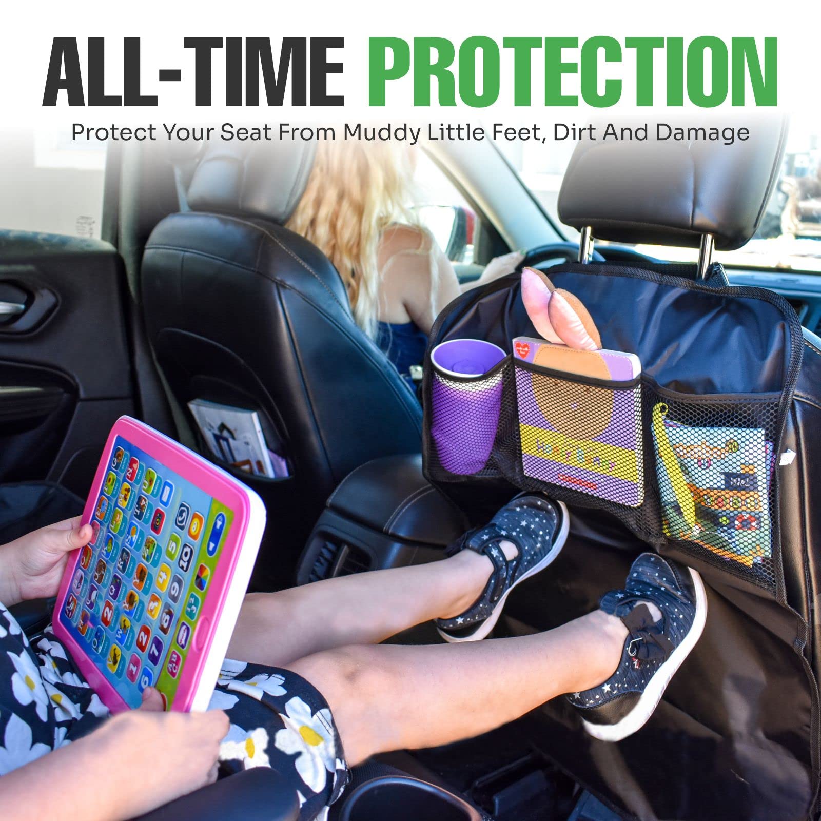 lebogner Back Seat Cover for Kids + 3 Pocket Storage Organizer, 2 Pack X-Large Waterproof Kick Mats Backseat Protector, Car Seat Back Protectors for Vehicles to Protect from Dirt, Mud & Scratches