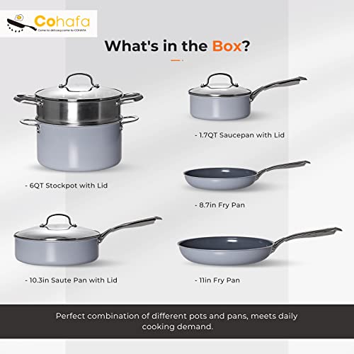 Non-Stick Pots and Pans Set 13pcs Cookware Set, Steamer Basket, Stockpot with Lid, Saucepan with Lid, Fry Pan, Saute Pan for Daily Cooking, Grey