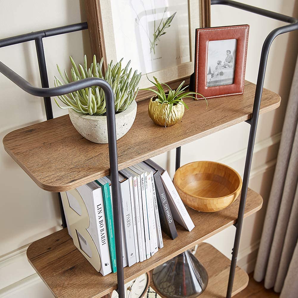 LINSY HOME Bookshelf, 4-Tiers Ladder Bookcase for Storage, Display Shelf for Bedroom and Living Room, Rustic Oak Finished