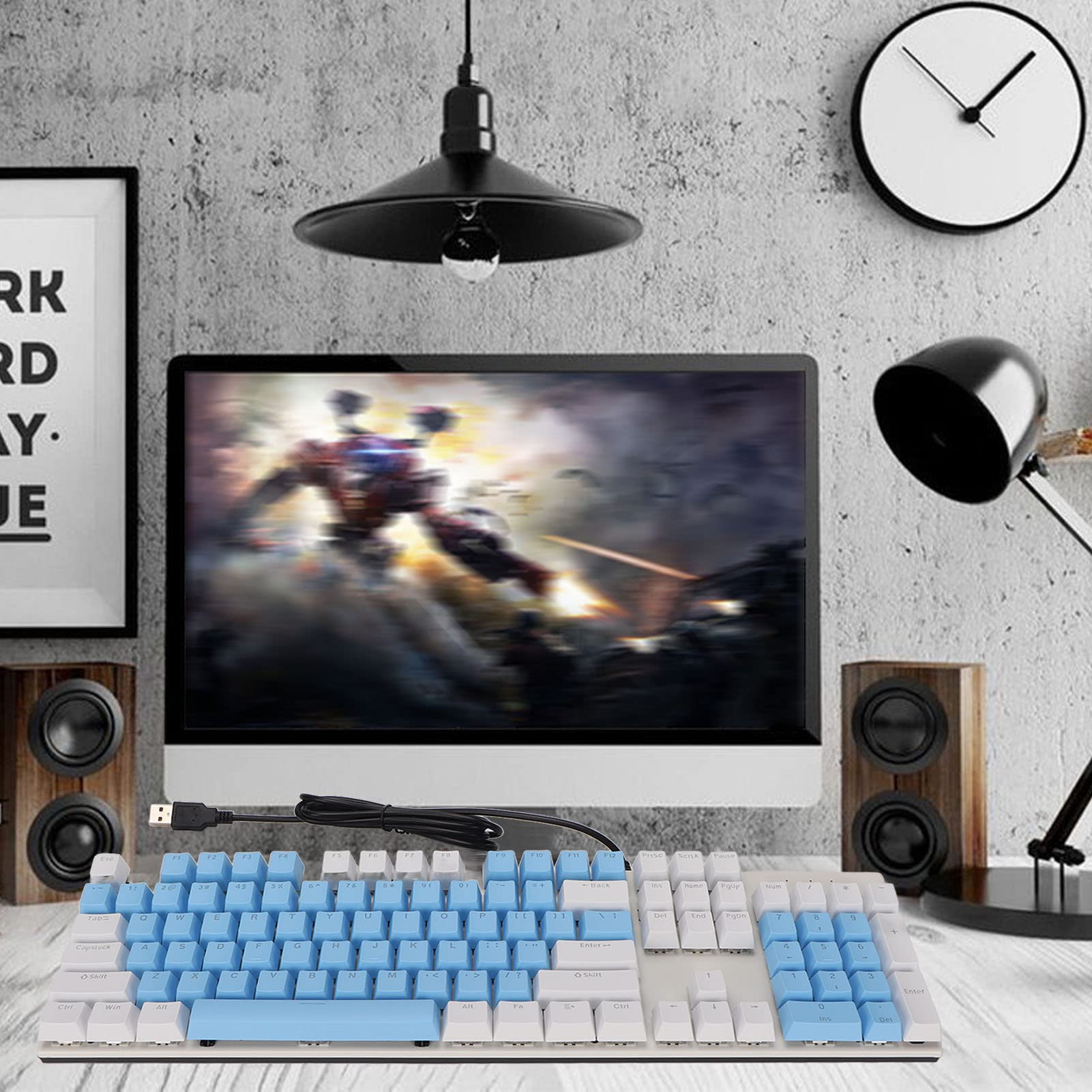 Pomya 104 Keys Gaming Mechanical Keyboard, Blue Switch RGB Scratch Resistant Gaming Keyboard for Win, Wearproof Mechanical Keyboard for PC, Notebook(White Blue)