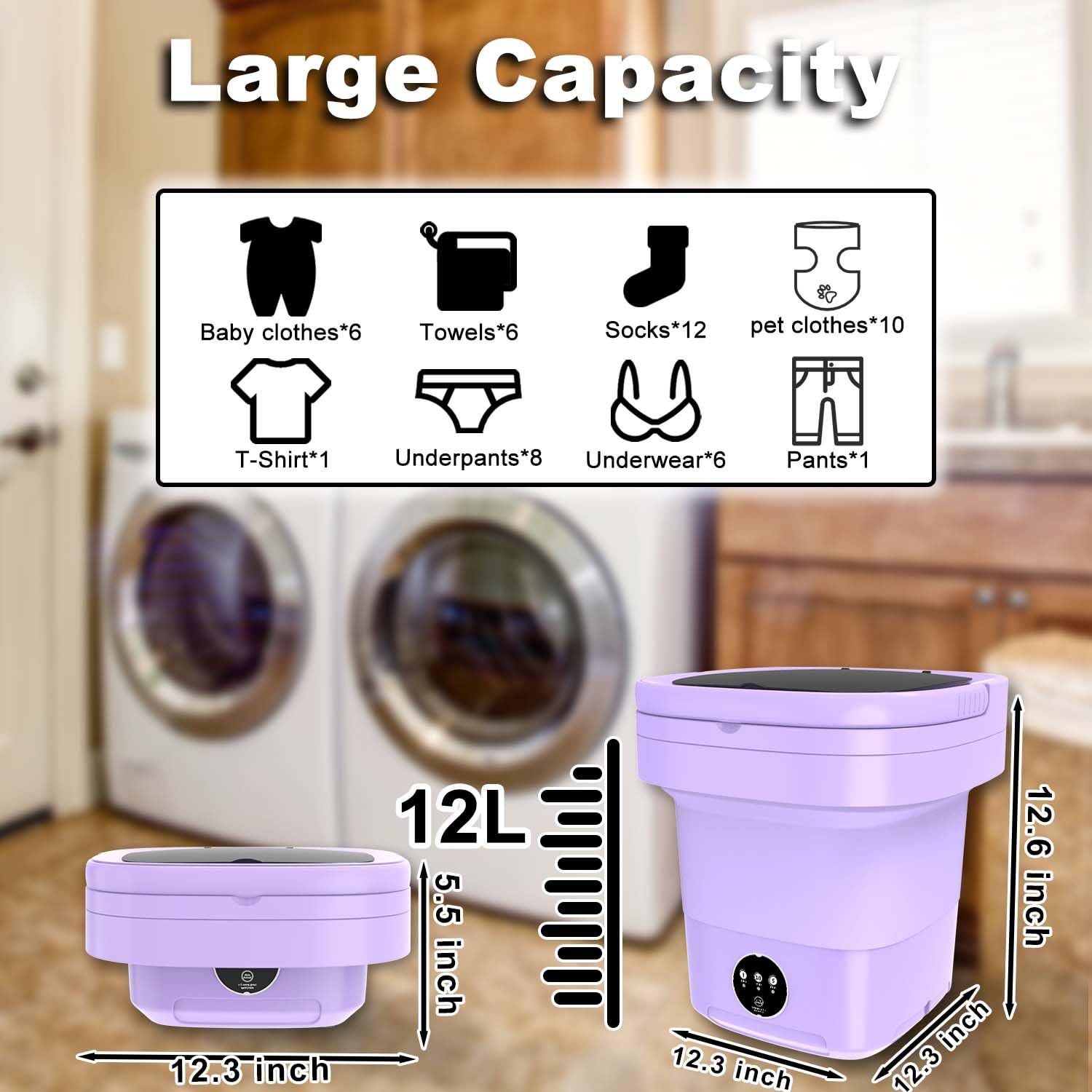 Portable Washing Machine,12L Mini Washer with Foldable Design, Small Folding Washing Machine with 3 Intelligent Cleaning Modes for Travel,Apartment,Baby Clothes,Socks(Purple)