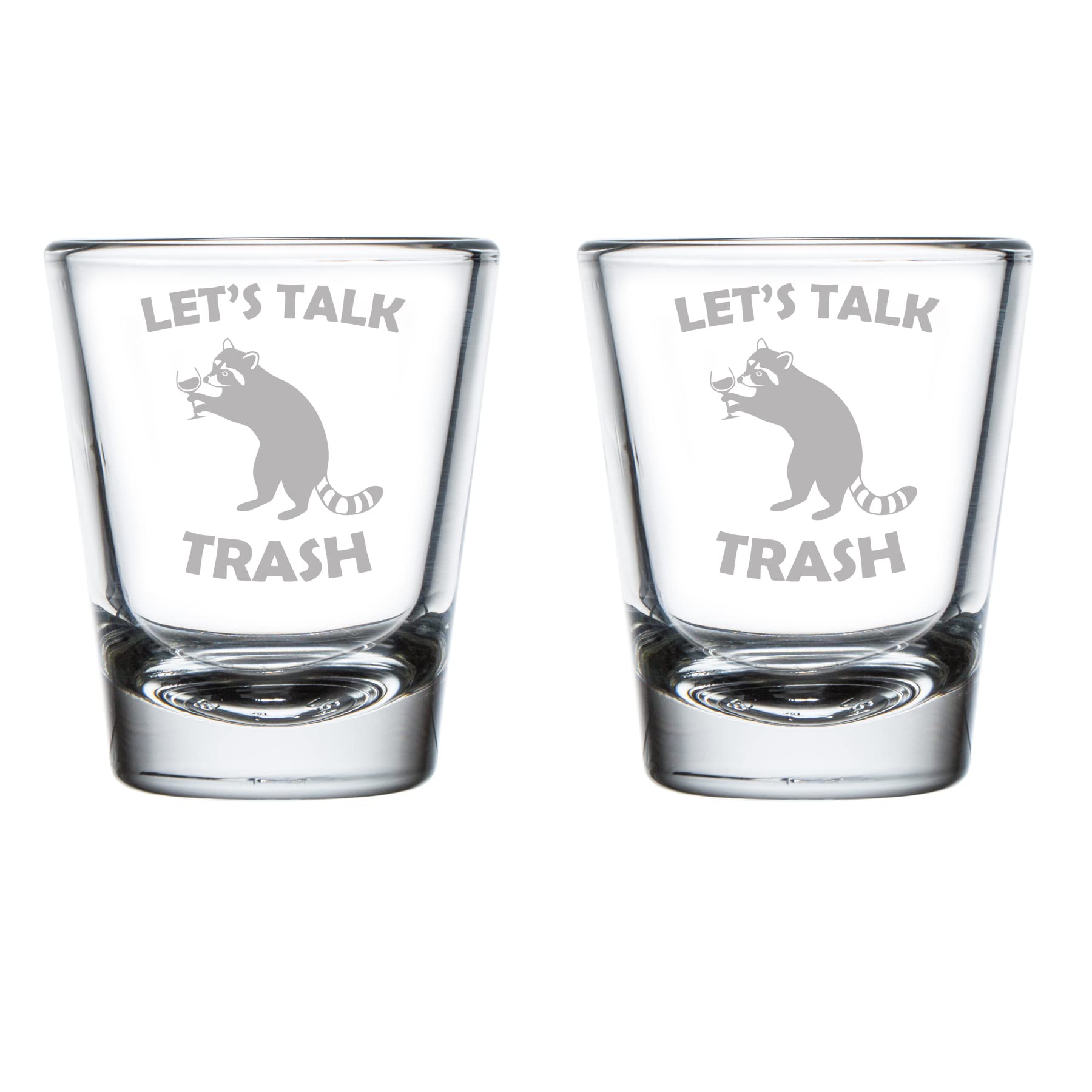 MIP Brand Set of 2 Shot Glasses 1.75oz Shot Glass Let's TALK Trash Raccoon Funny