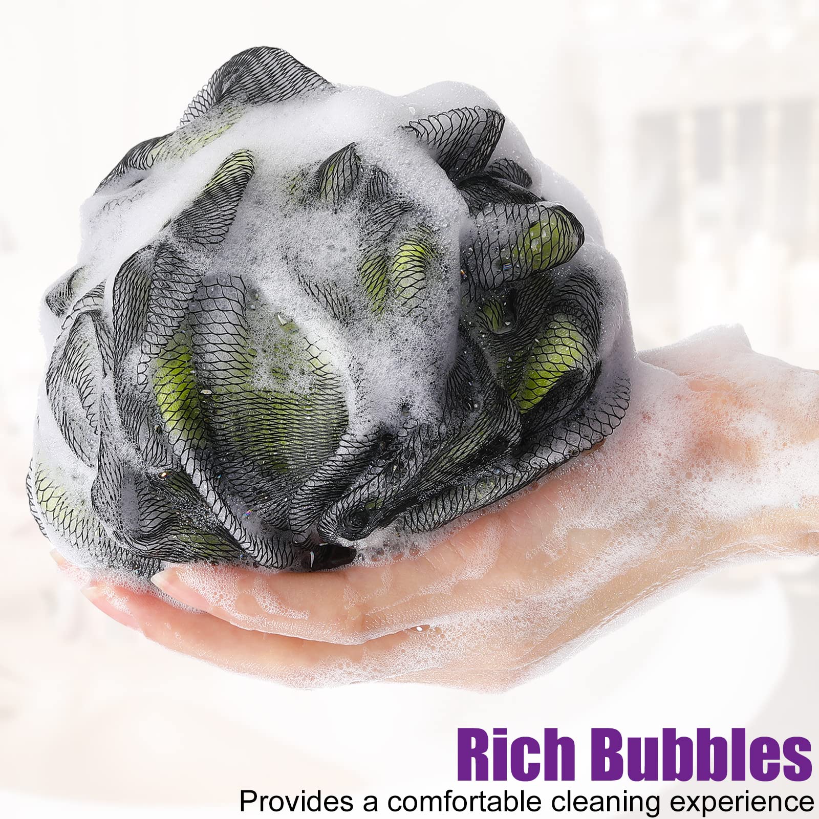 Shellwei 32 Pcs Bath Sponge Shower Loofahs Bulk 60 g Charcoal Body Shower Sponge Large Mesh Puff Soft Scrubber for Men and Women Exfoliating Shower Pouf Balls with Bathing Accessories (Fresh Color)