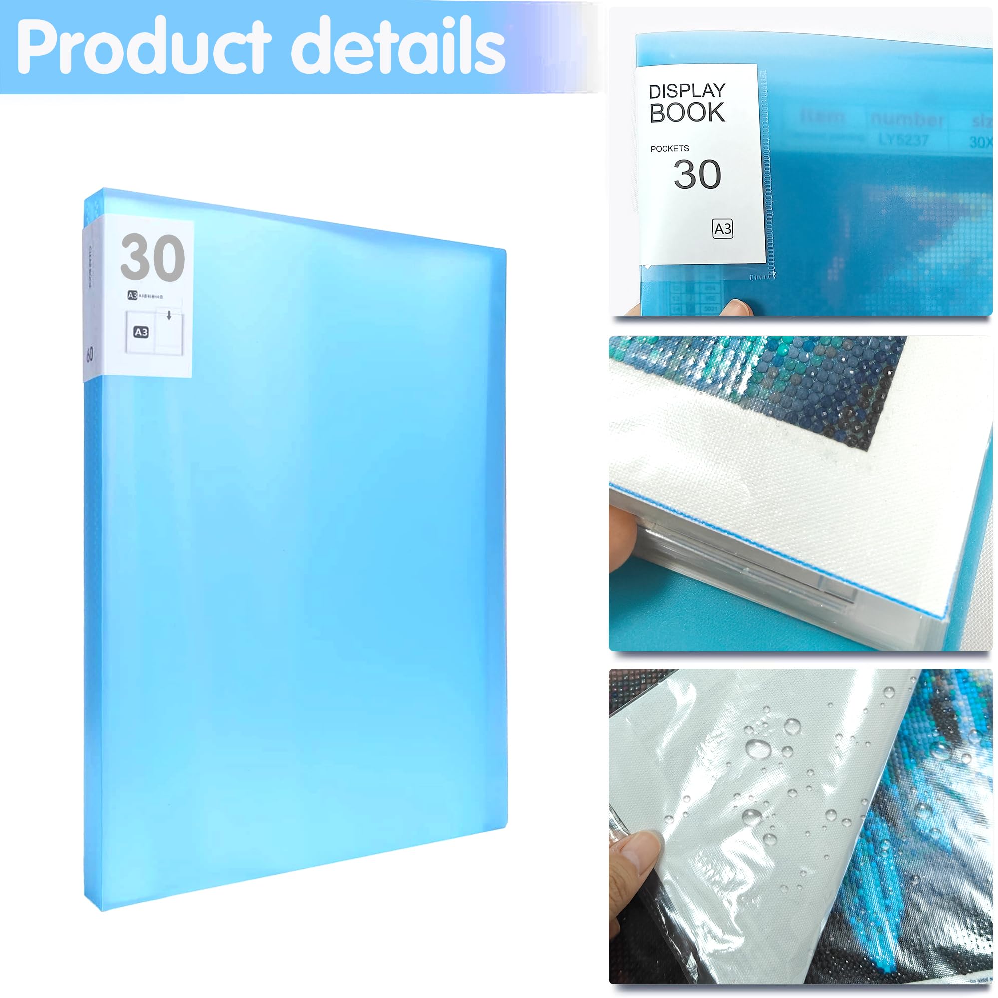 SKRYUIE A3 Diamond Painting Storage Book - 60 Diamond Painting Capacity, 30 Pages Protectors, 17.2x12.8 inches, Portfolio Folder for Diamond Painting Presentation and Organization - Blue