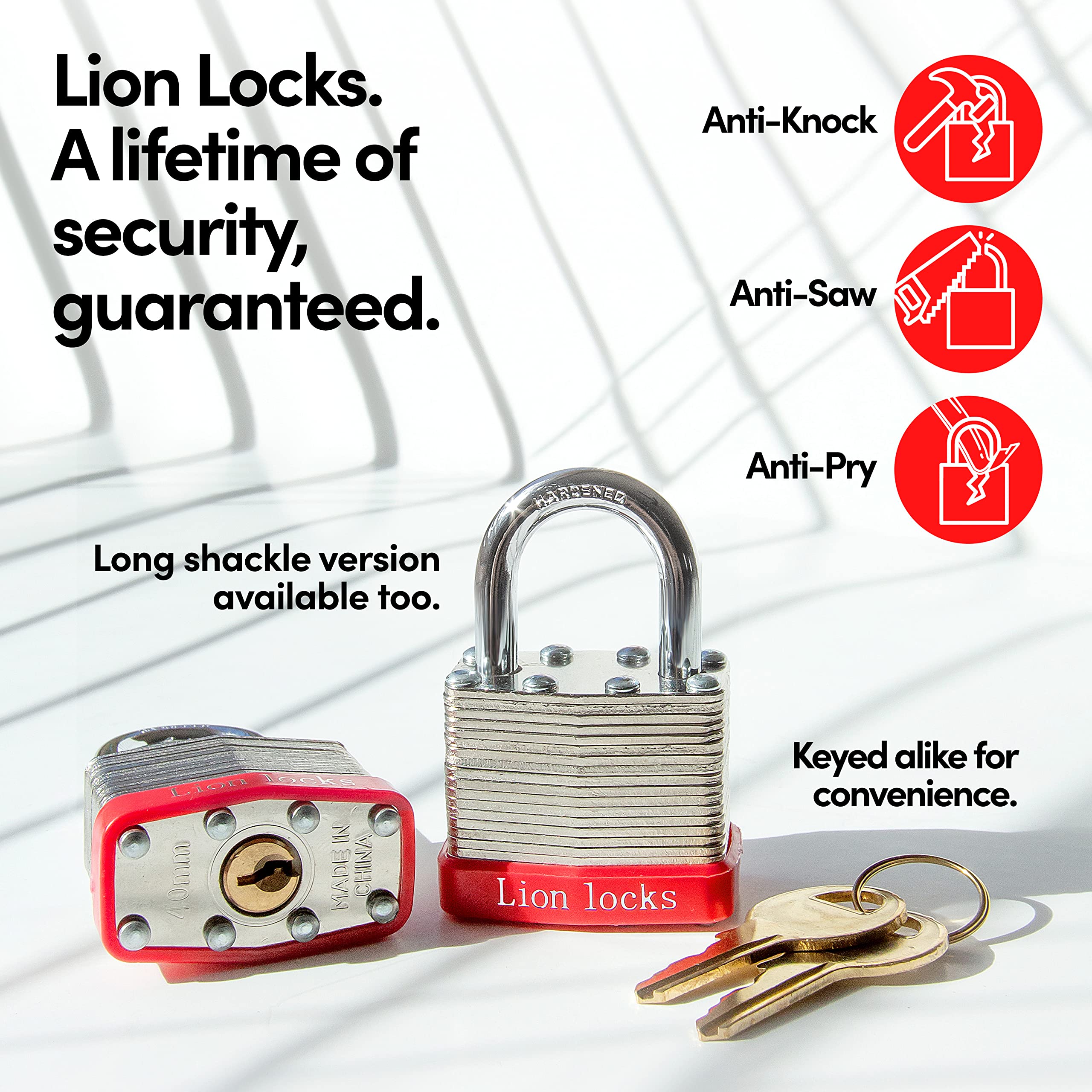 Lion Locks 12 Keyed-Alike Padlocks w/ 1.25” Shackle, 24 Keys, Hardened Steel Case, Brass Cylinder (12-Pack) - for Hasp Latch, Sheds, Fences, Storage Locker, School, Gym