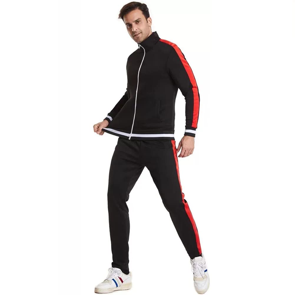 LeerKing Men's Tracksuit Activewear Joggers Sports Set Full Zip Sweat Suit for Training Workout Youth Teens,Black & Red,M