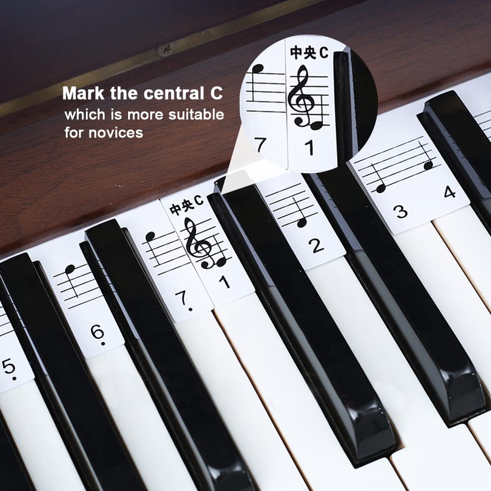 Non Stick Piano Key Labels with Case, Removable Music Keyboard Stickers with Staff and Numbered Musical Notation, Piano Rake Notes Marker Overlay for Beginners Learning Fingering (61 Keys)