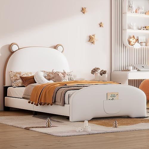 Twin Platform Bed Frame, Platform Bed for Girls Boys, Modern PU Leather Upholstered Platform Bed with Bear-Shaped Headboard and Footboard, Noise-Free, No Box Spring Needed (White+Brown)