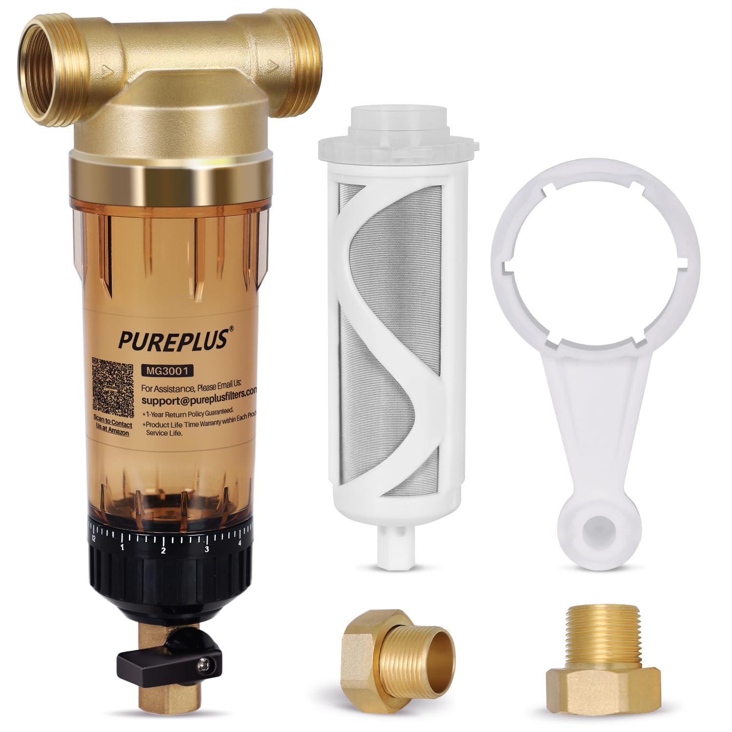 PUREPLUS 40 Micron Whole House Spin Down Sediment Water Filter With Scrapper, Reusable Flushable Pre-Filtration System for City/Tap water, 1" MNPT + 3/4" FNPT + 3/4"MNPT, Brass, BPA Free, USA Tech