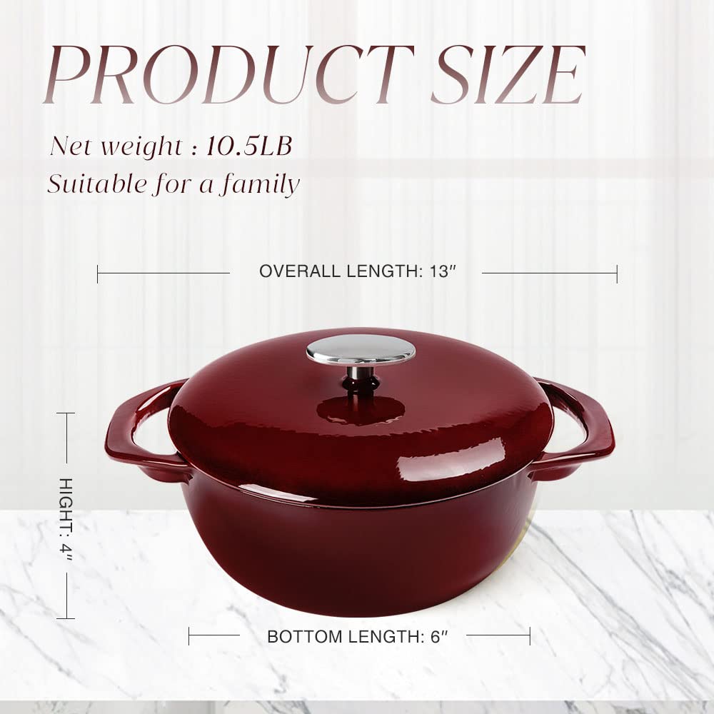 M-COOKER 3.5 QT Enameled Cast Iron Covered Dutch Oven, Non-Stick Round Enamel Dutch Oven with Dual Handle, Great Gifts for Family (Wine Red)