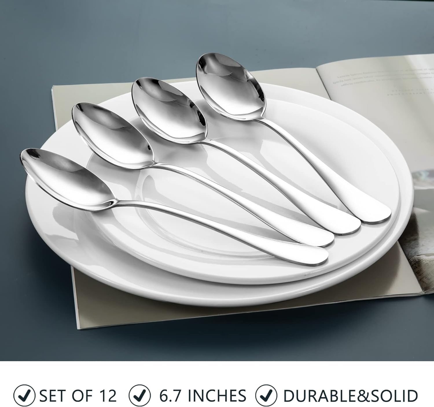 Stainless Steel Flatware Set, 12 Pieces, Mirror Polished Soup and Tablespoons, Dishwasher Safe (Dinner Spoons Set of 12)