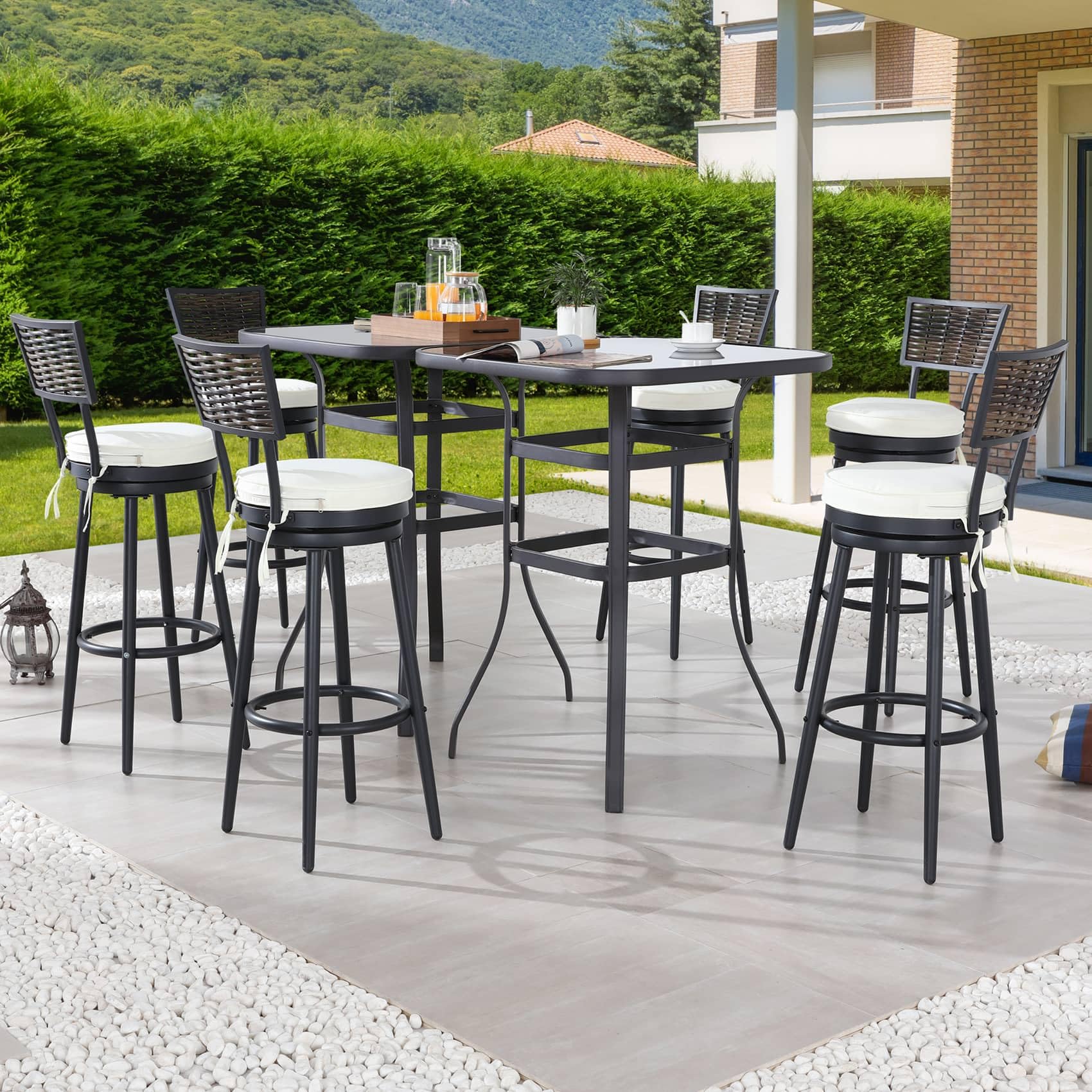 TOP HOME SPACE Patio Bar Stools Outdoor Swivel Bar Height Stool Chairs with Rattan Back Cushion for Deck Porch Backyard, Set of 6