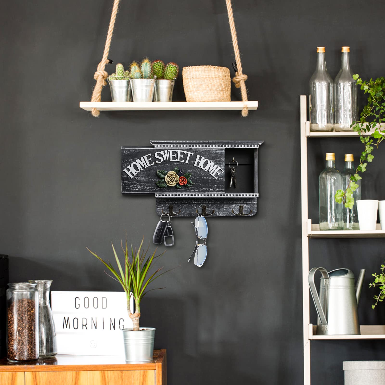 HRONRAD Farmhouse Key Holder for Wall, Home Sweet Home Decorative, 3 Double Key Hooks, Cute Keys Organizer for Entryway, Rustic Wall Mounted Key Racks (Black)