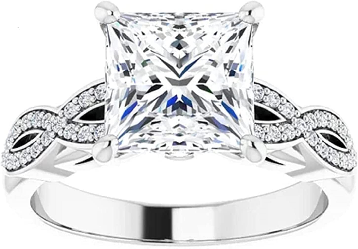 Moissanite World 2 Carat Princess Cut Colorless Moissanite Engagement Ring, Bridal Ring Set, Solitaire Twist Style, Sterling Silver Vintage Antique Anniversary Promise Ring (7.5)