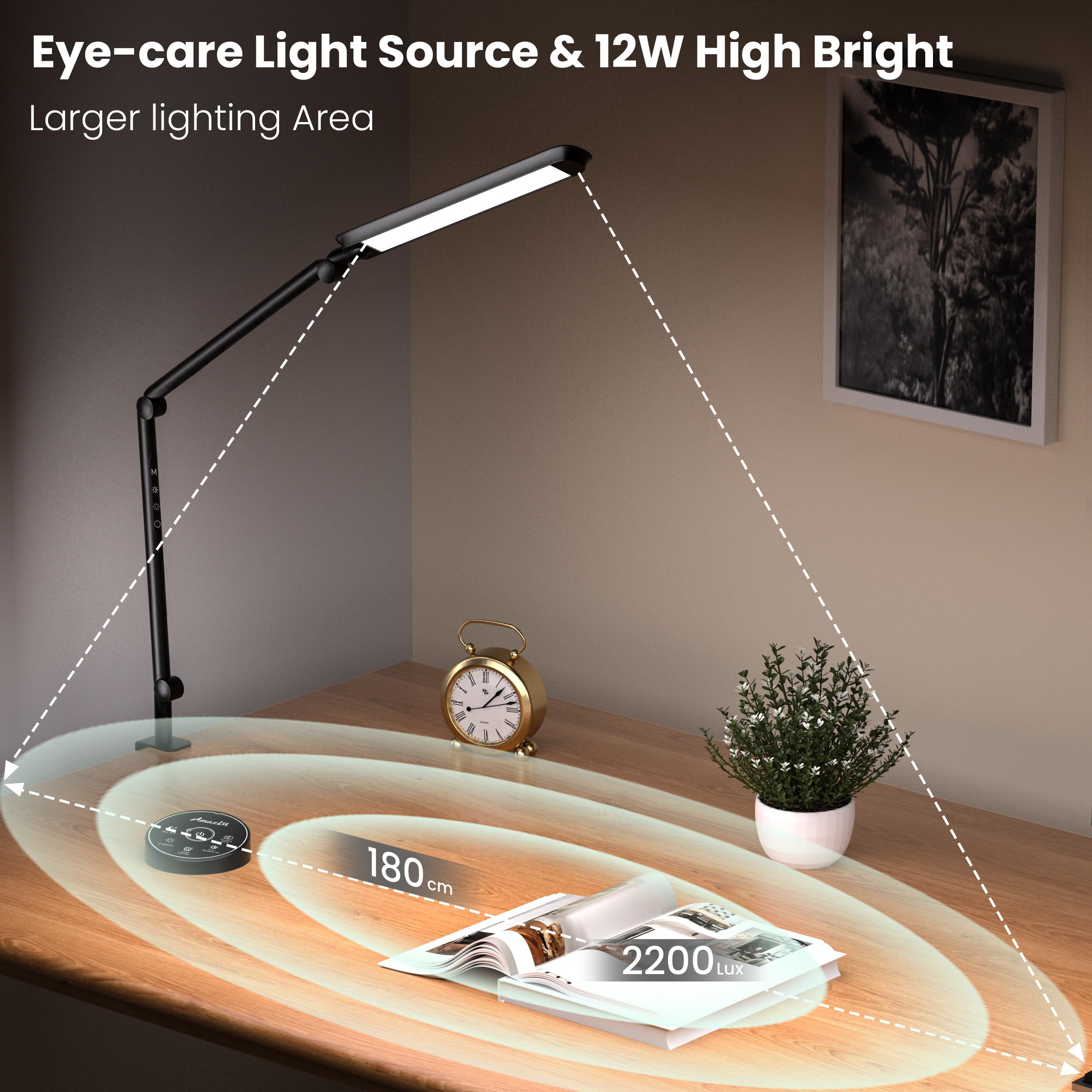 LED Desk Lamp with Clamp, 12W Eye-Caring Swing Arm Table Lamp, Stepless Dimming and Adjustable Color Temperature,Modern Architect Lamp with Memory and Timing Function for Study, Work, Home, Office