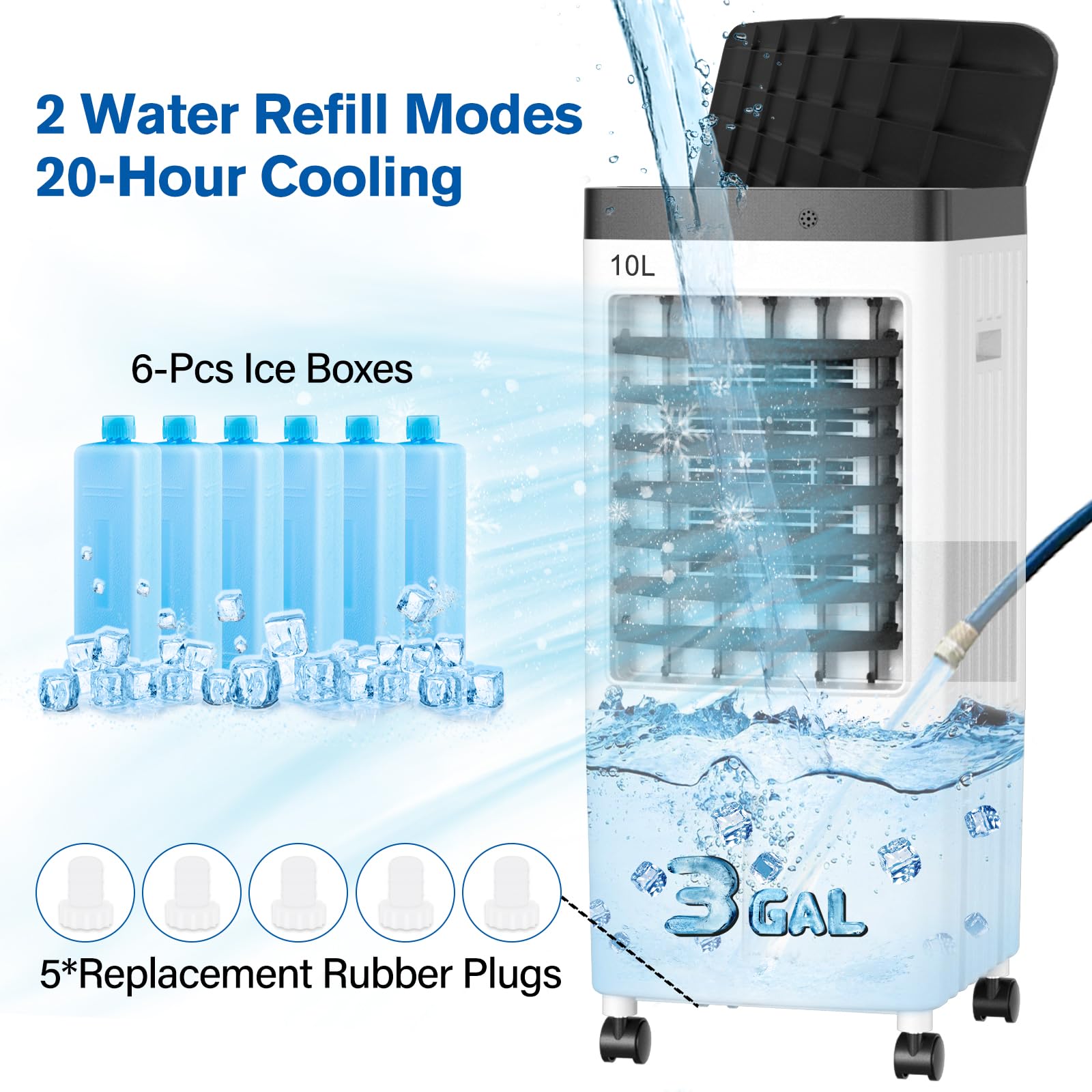 Portable Air Conditioners with 3 Gal Water Tank,20H Cooling Time Swamp Cooler,Air Conditioner Portable for Room with 78-Inch Extension Cord,Ideal for Office/Room/Garage/Kitchen/(Include 6 Ice Packs)74