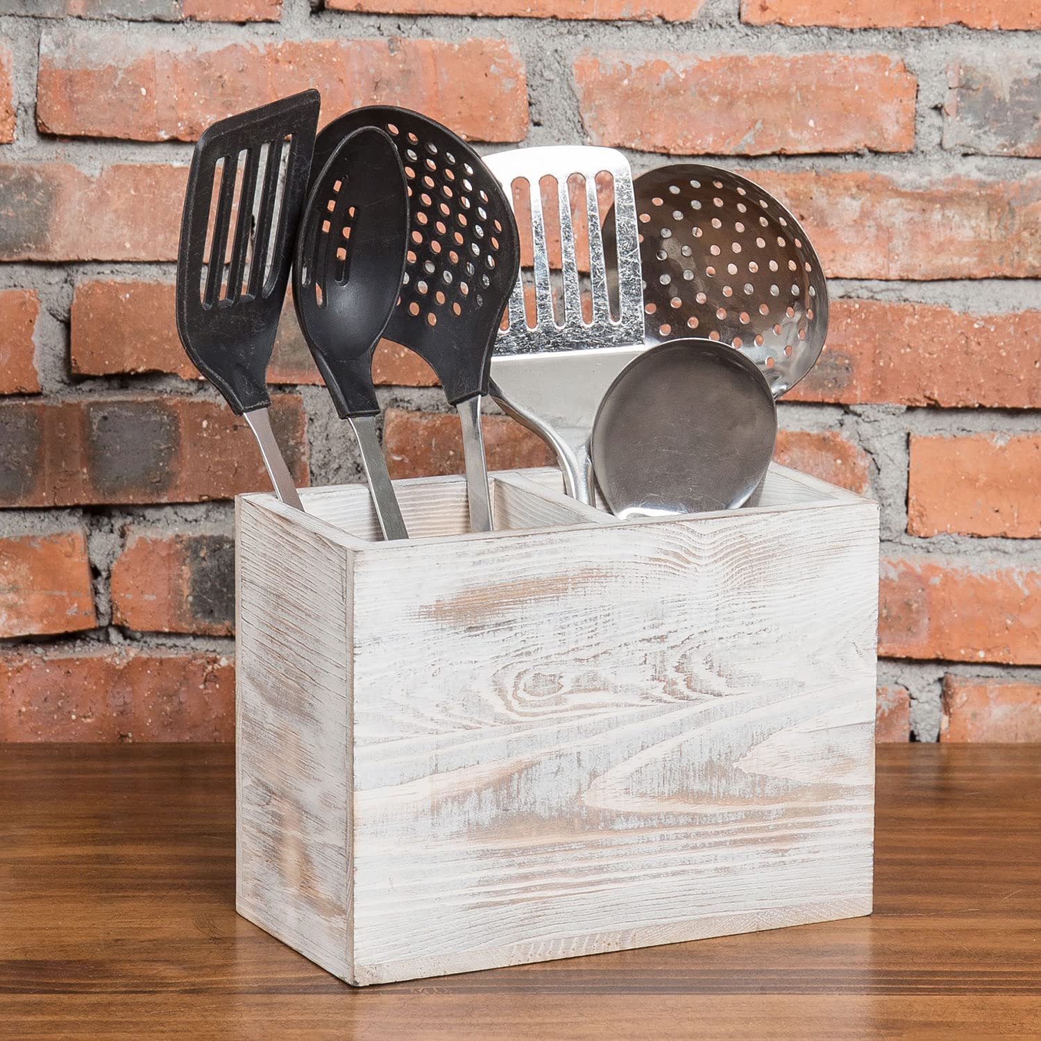 MyGift Whitewashed Wood Kitchen Utensil Holder Organizer, Countertop Flatware Silverware Cooking Utensil Crock Storage Caddy with 2 Compartments